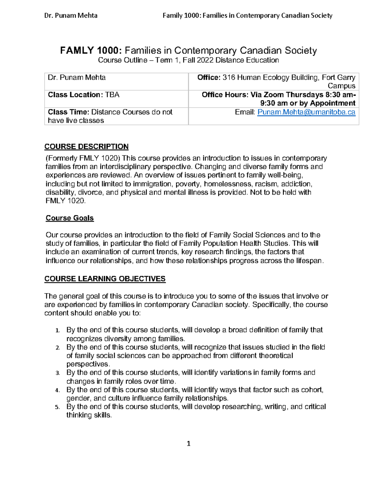 Fam 1000 course outline - FAMLY 1000: Families in Contemporary Canadian ...