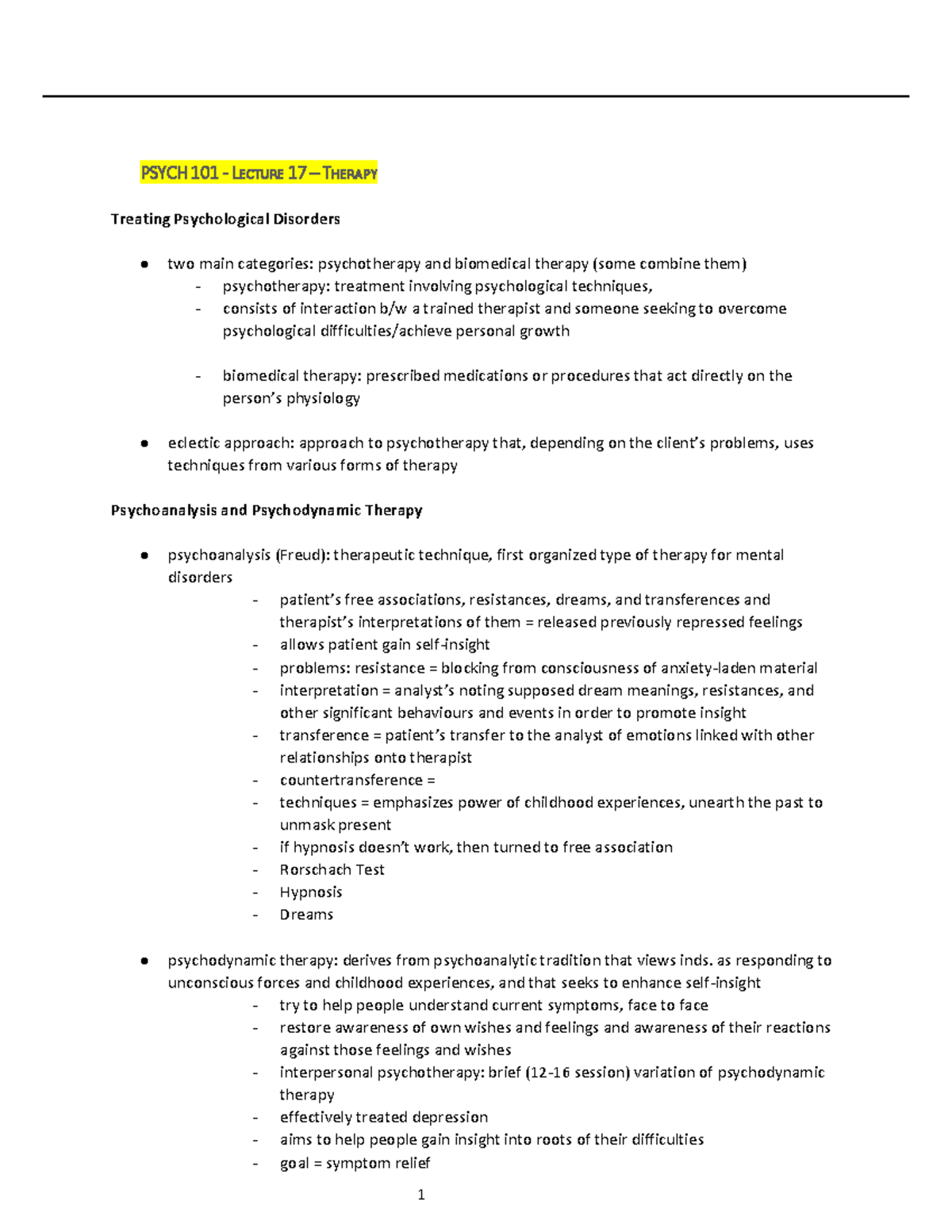 Lecture 17 Therapy - PSYCH 101 - LECTURE 17 – THERAPY Treating ...
