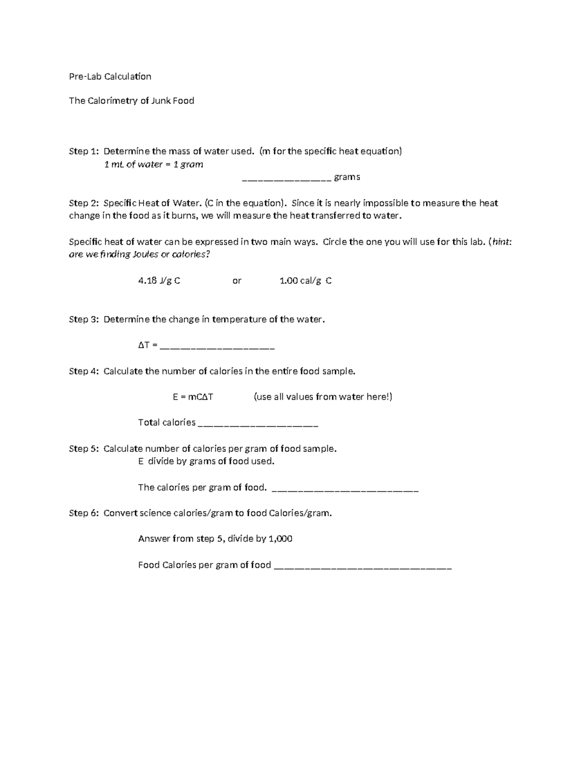 Junk food lab calculations guideline - Pre-Lab Calculation The ...