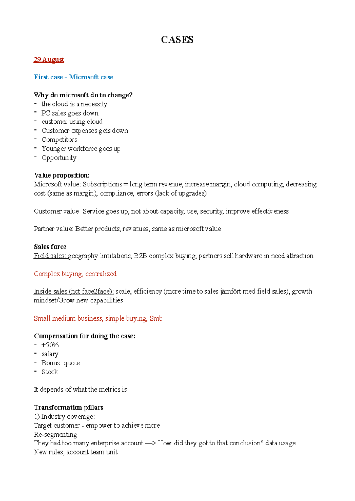 Sales management case - Lectures notes - CASES 29 August First case ...