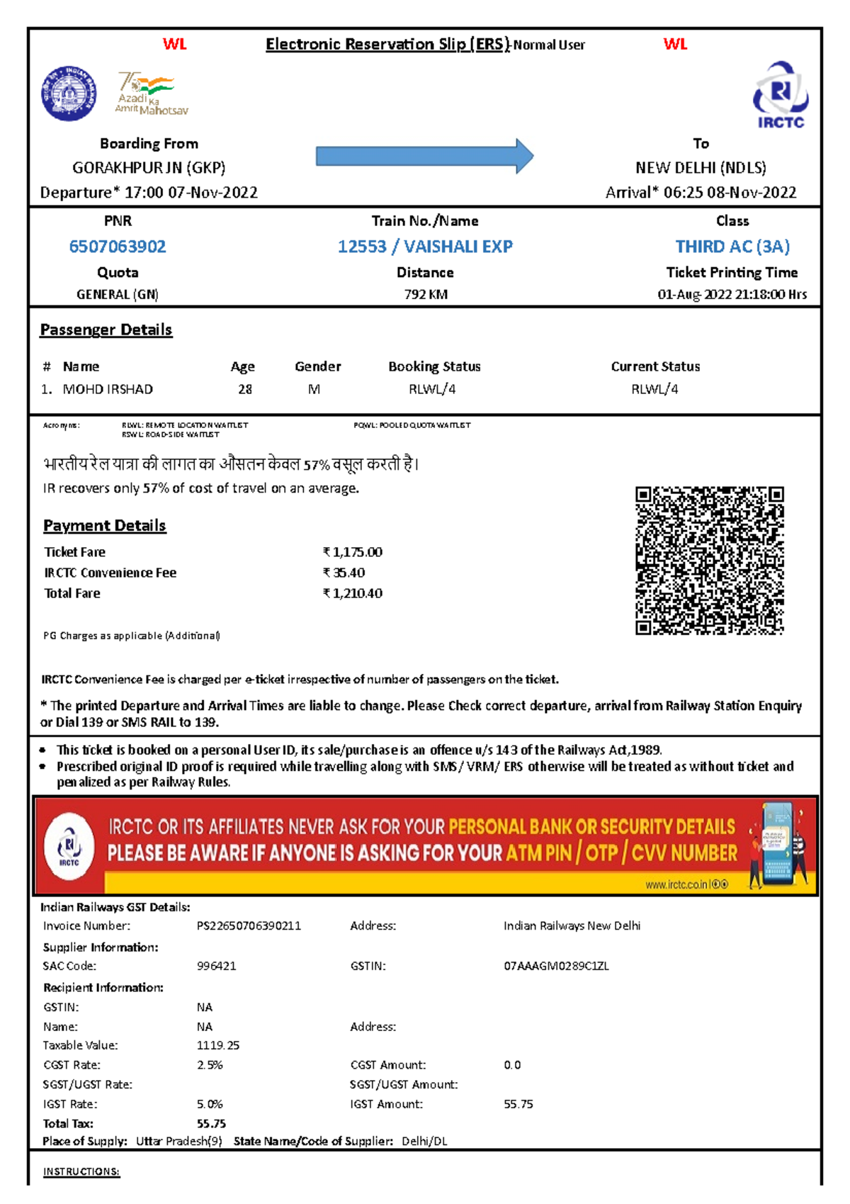 7 nov return irshad - this words - WL Electronic Reservation Slip User ...