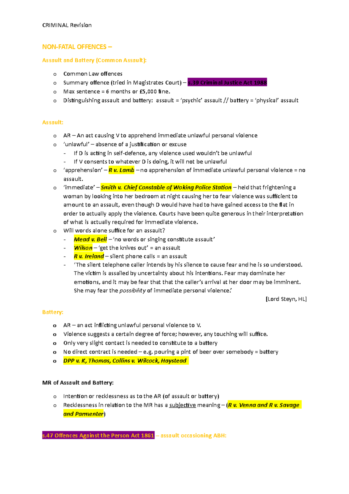NFO (Offences) - Revision summary notes of the non-fatal offences from ...