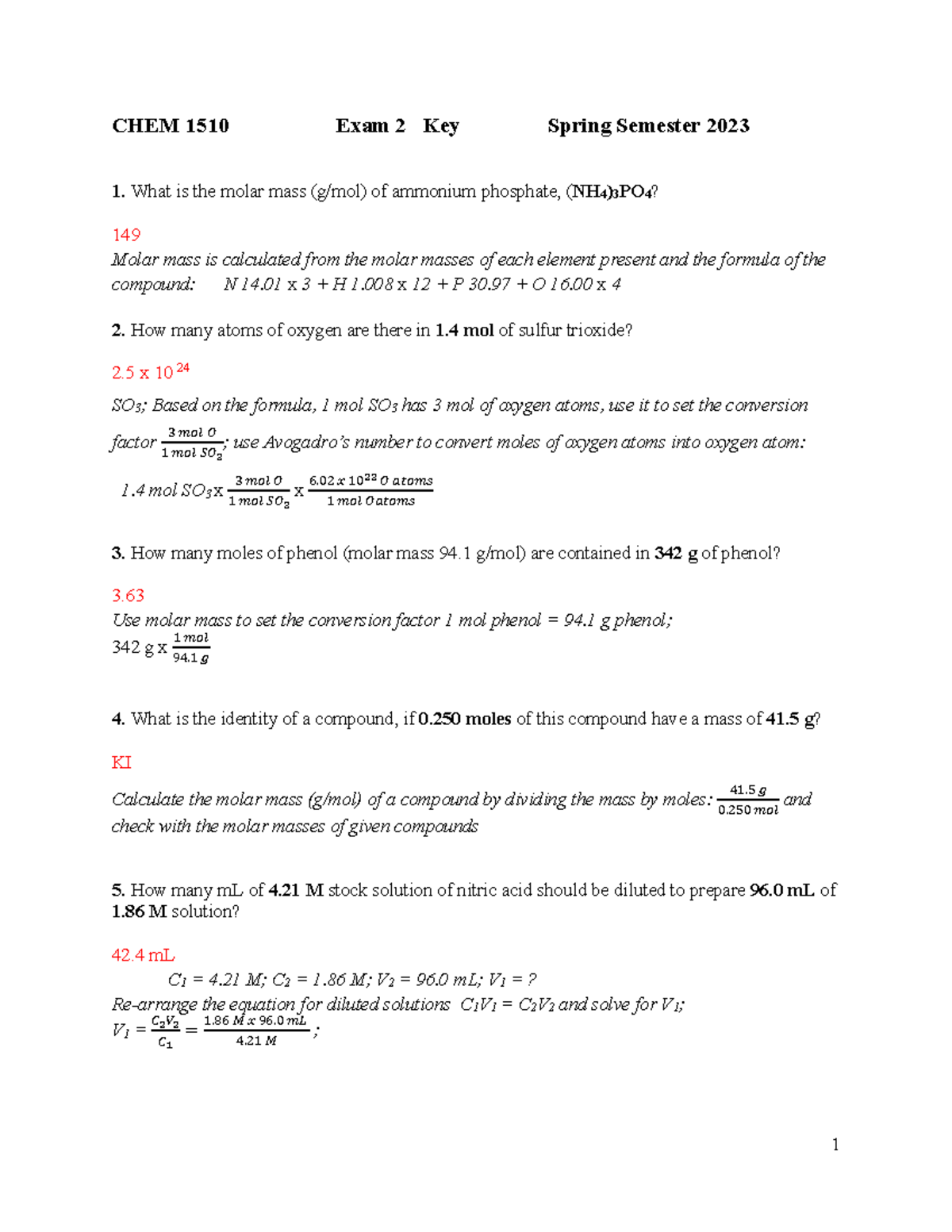 CHEM 1510 Exam 2 Key with explanations S23 - CHEM 1510 Exam 2 Key Spring Semester 2023 1. What ...