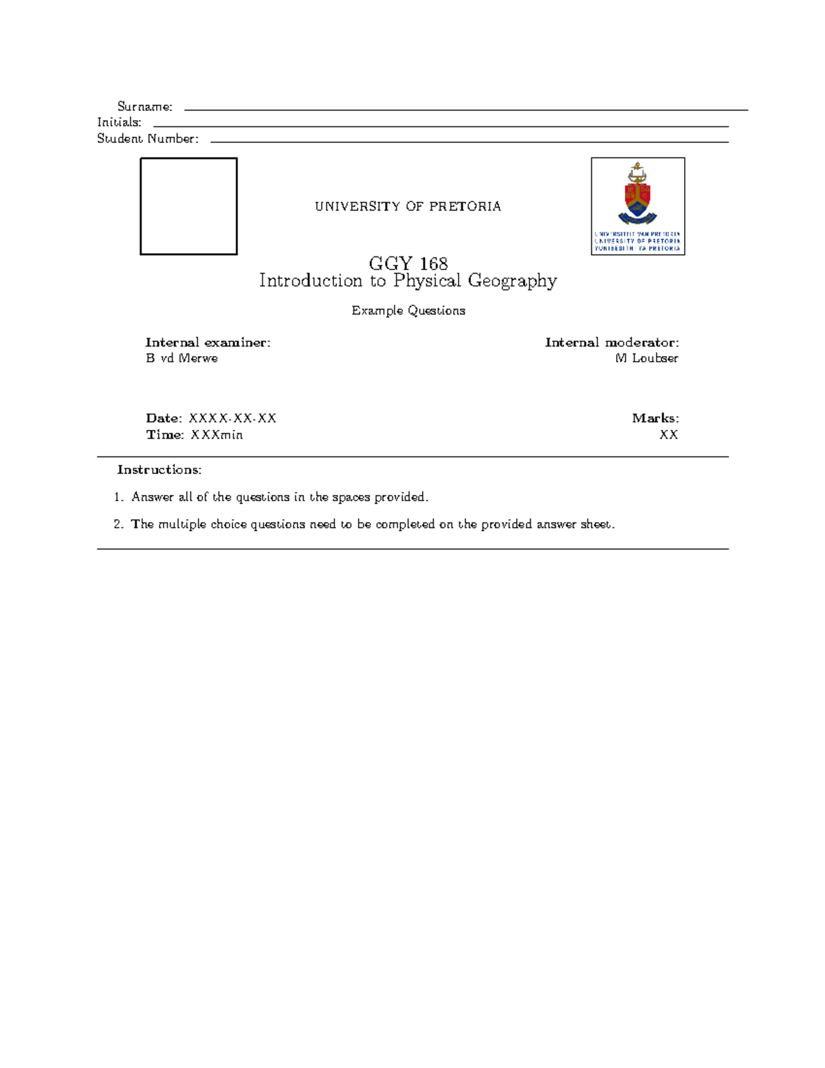 Worked Examples - Surname: Initials: Student Number: UNIVERSITY OF ...