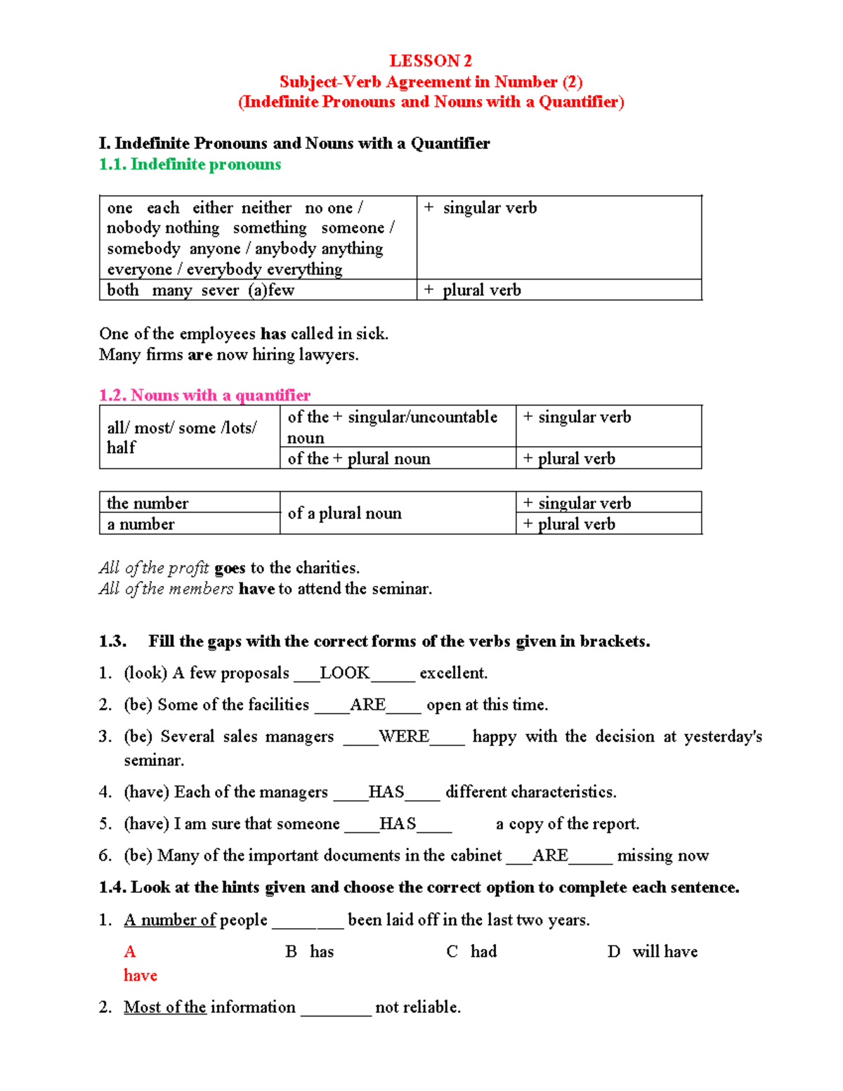 Lesson2-reading - LESSON 2 Subject-Verb Agreement in Number (2 ...