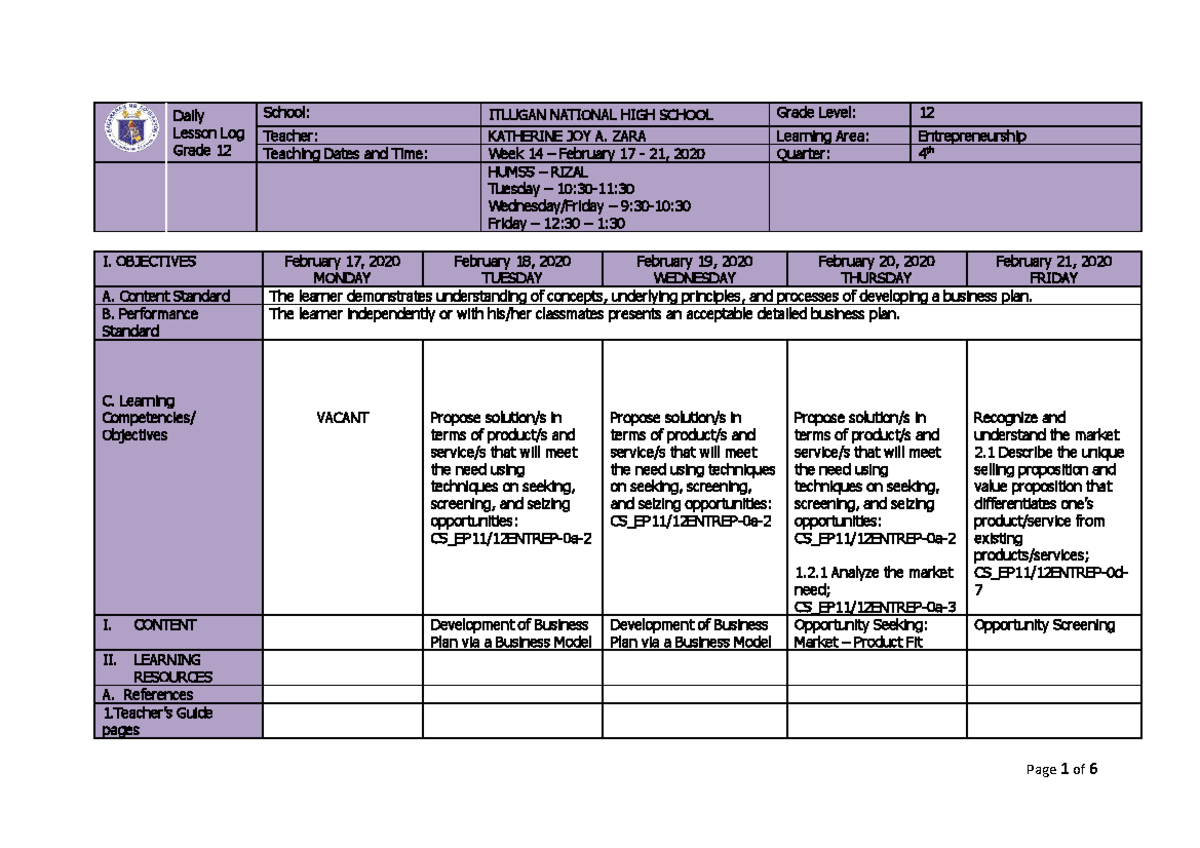 DLL Entrep Week 14 - DLL FOR TEACHERS - Daily Lesson Log Grade 12 ...