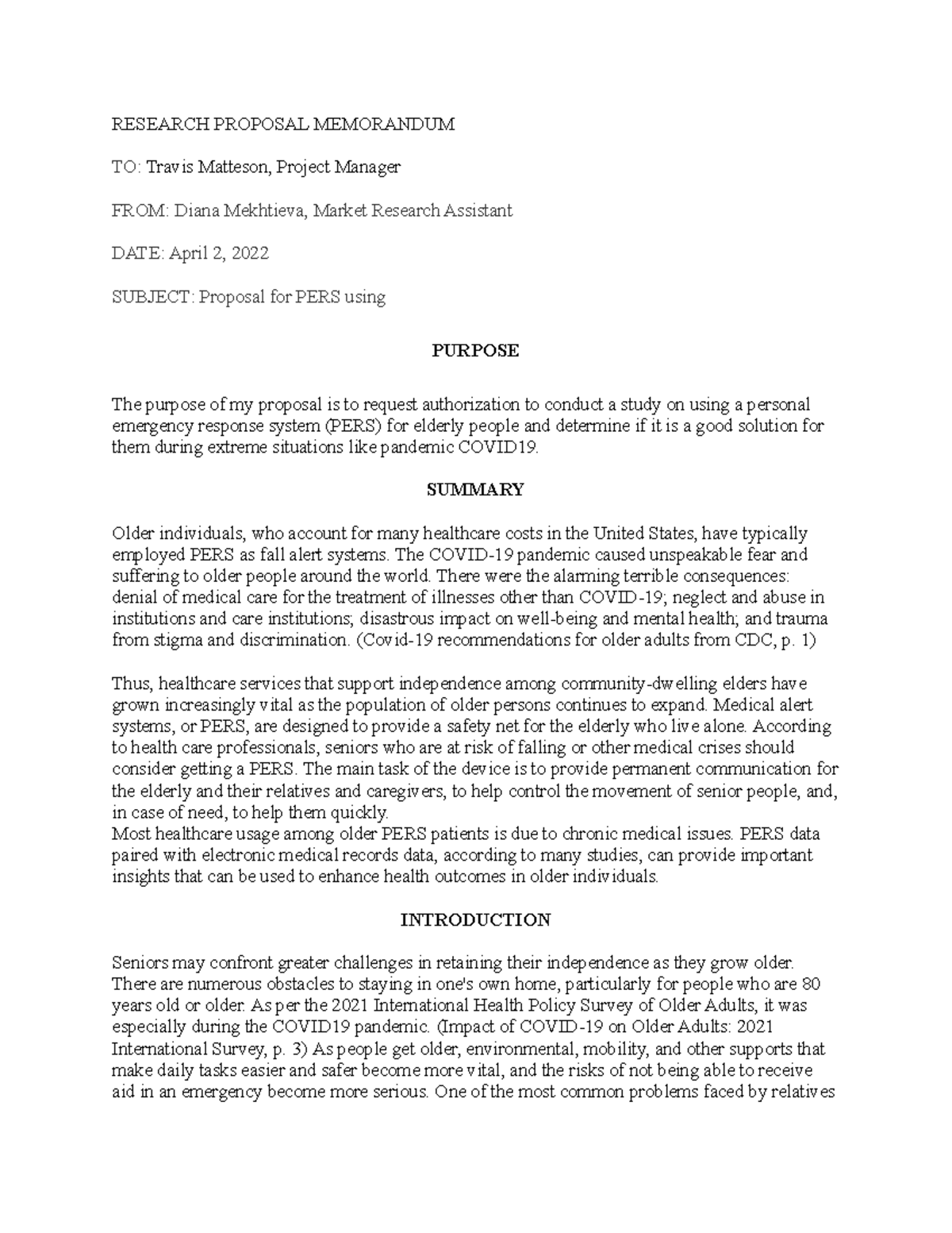 Proposal Memo UPD - RESEARCH PROPOSAL MEMORANDUM TO: Travis Matteson ...