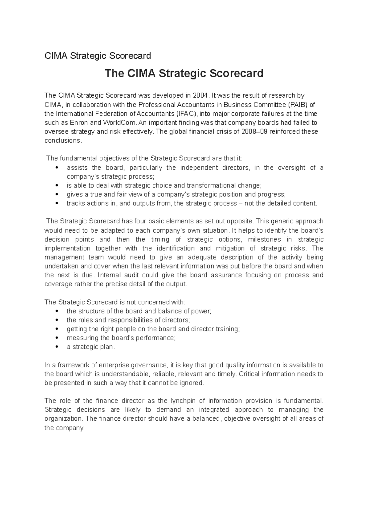 Midterms Learning Resources - CIMA Strategic Scorecard The CIMA ...