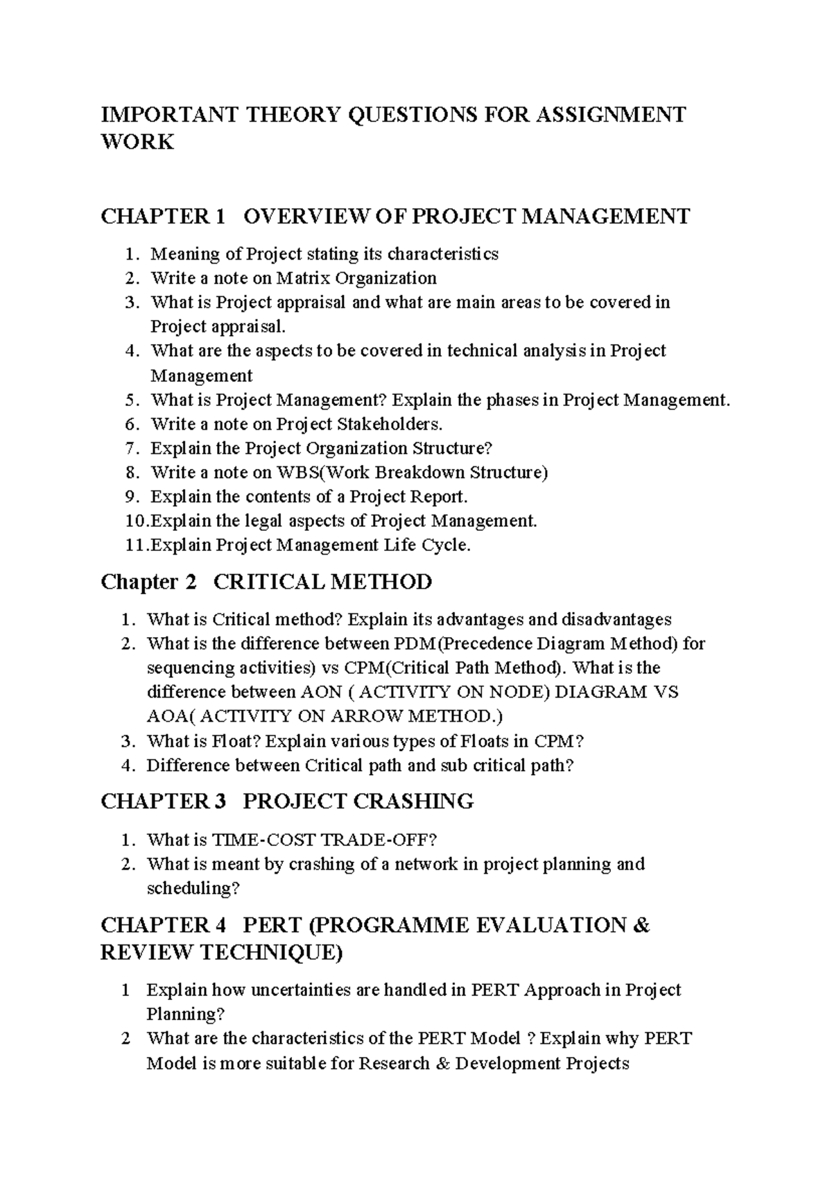 pm theory questions - IMPORTANT THEORY QUESTIONS FOR ASSIGNMENT WORK ...