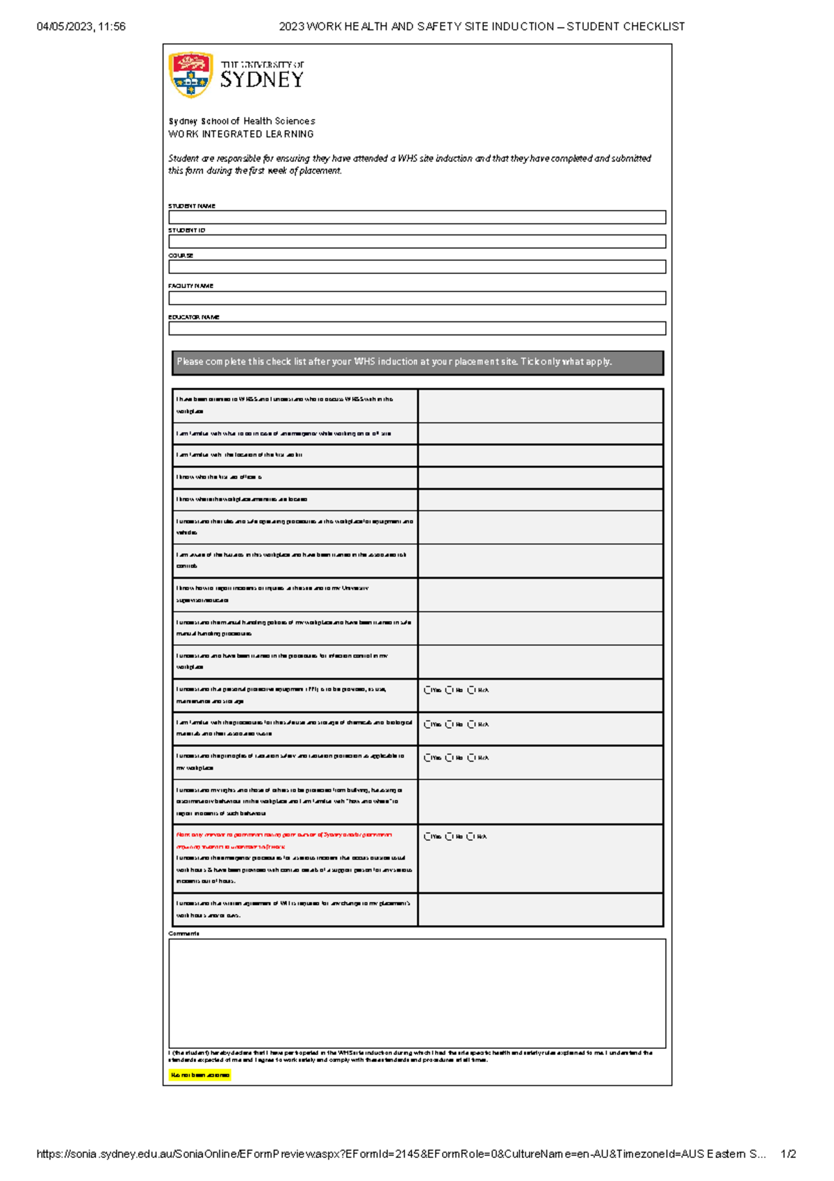 Health Sciences WHS Site Induction Checklist - 04/05/2023, 11:56 2023 ...