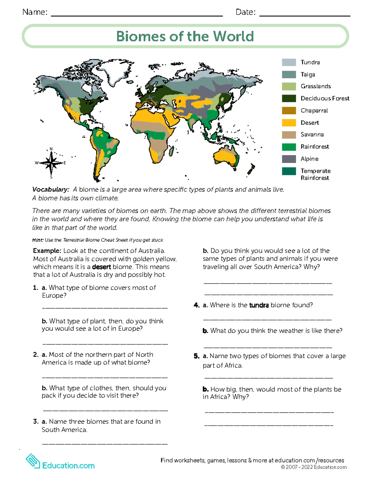 Biomes of the world - Center Learning - Biomes of the World Name: Date ...