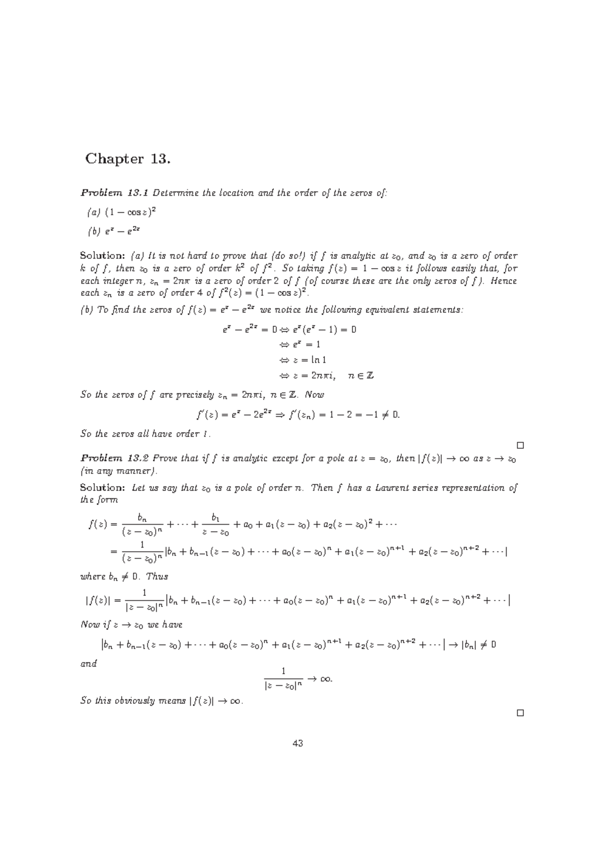 Solutions Chapter 13 - Chapter 13. Problem 13 the location and the order of the zeros of: (a ...