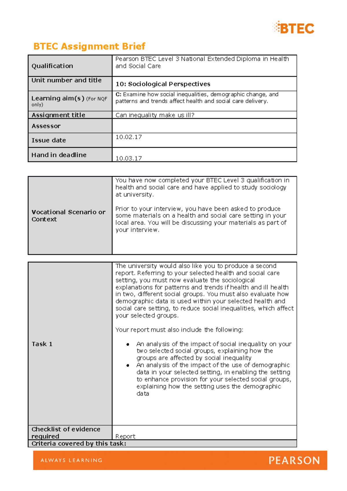 Unit 10 criteria - BTEC Assignment Brief Qualification Pearson BTEC Level 3 National Extended ...