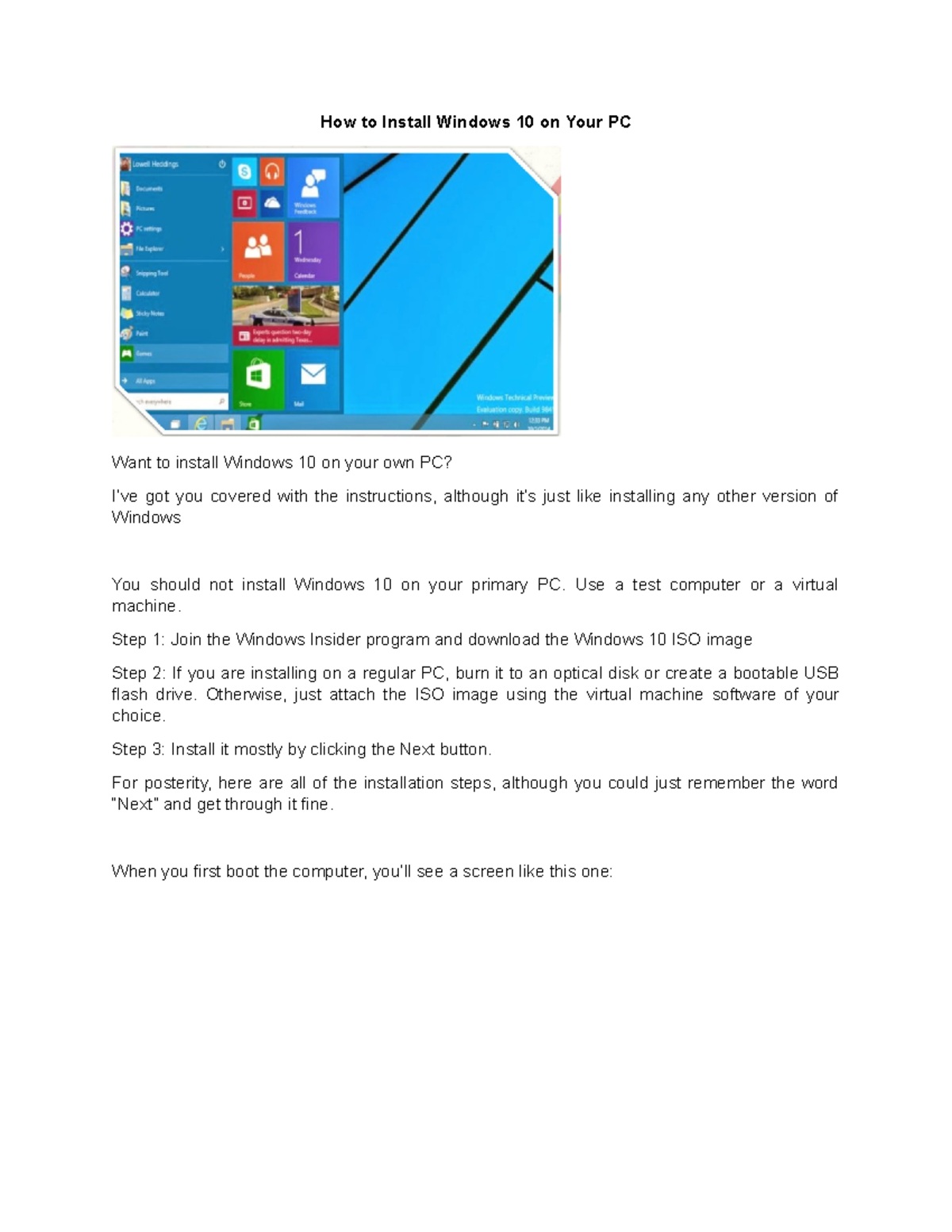 How to Install Windows 10 on Your PC - Use a test computer or a virtual ...