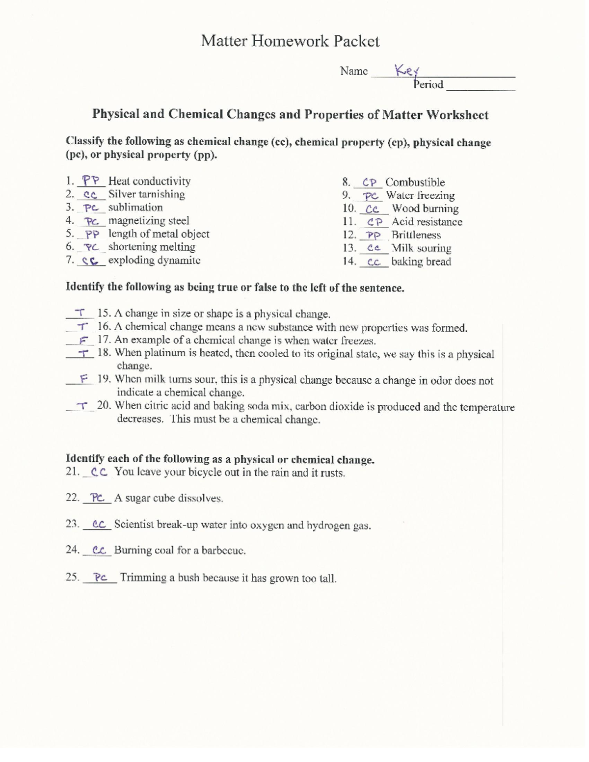 Properties and Changes Practice answers - Bachelor of Secondary ...