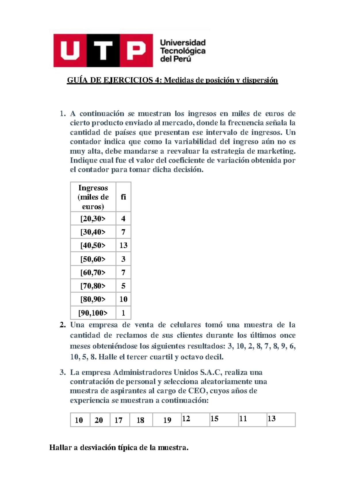 S04 s1 - Material - Separata de ejercicios - GUÍA DE EJERCICIOS 4 : Medidas de posición y ...