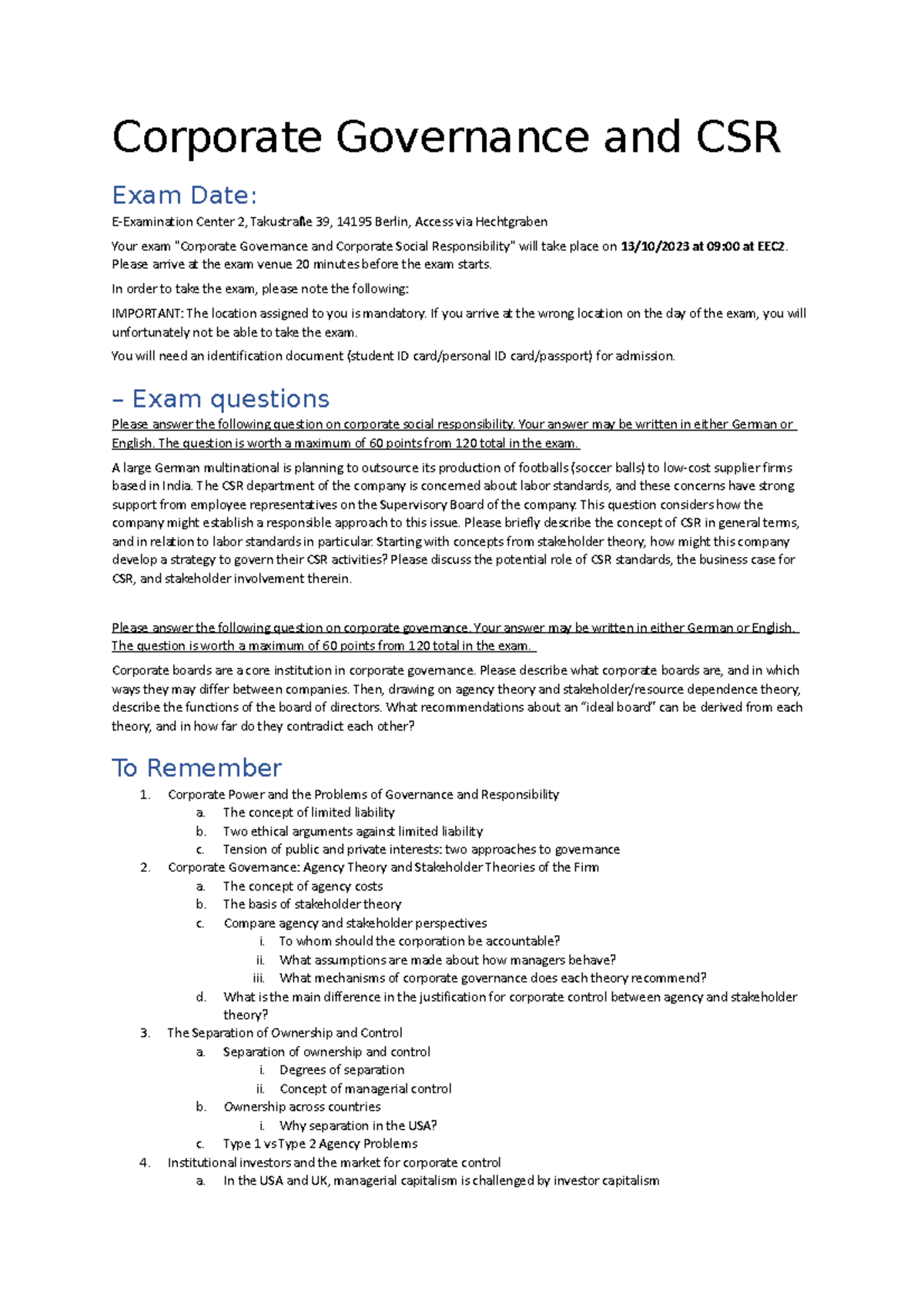 Corporate Governance and CSR - Please arrive at the exam venue 20 ...