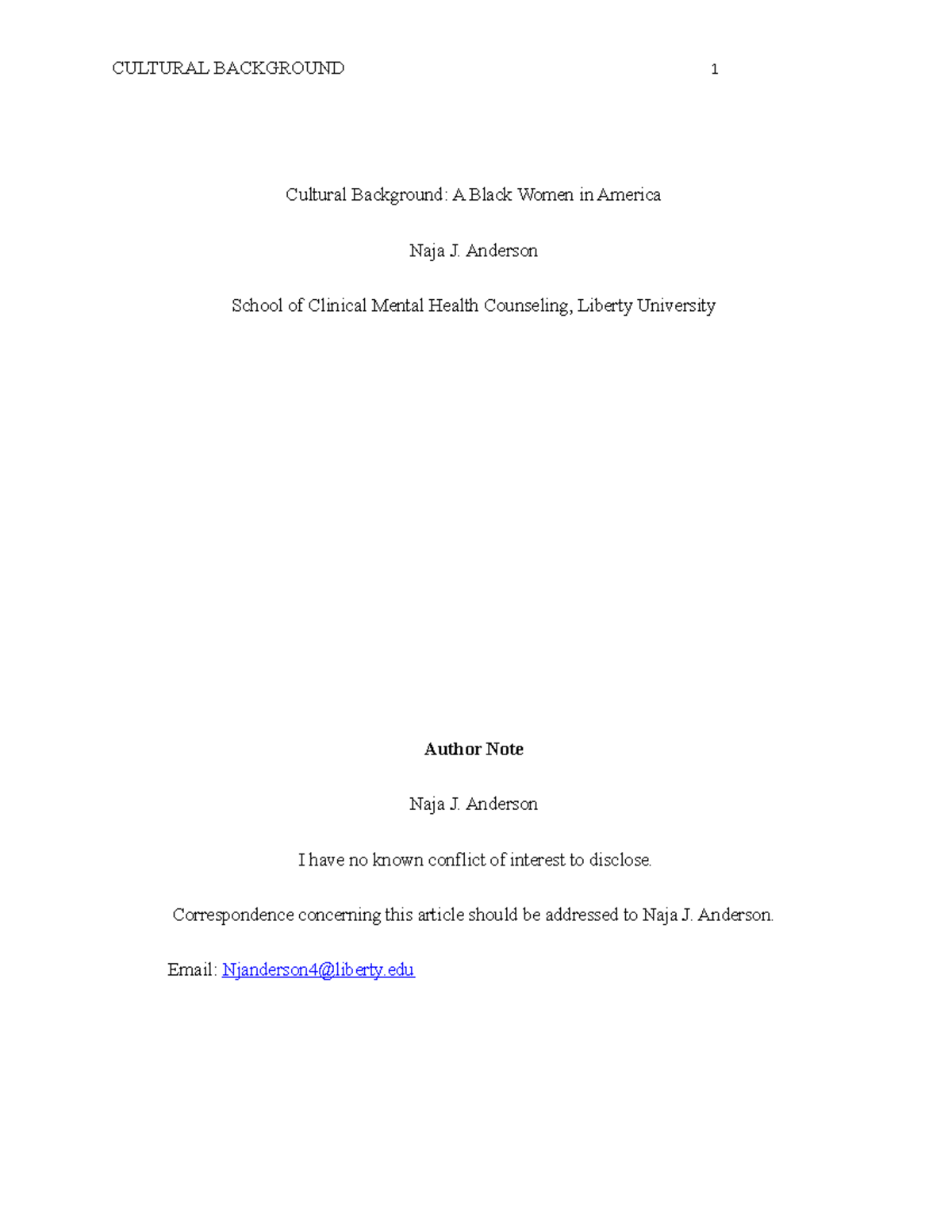 Cultural Background paper - Cultural Background: A Black Women in ...