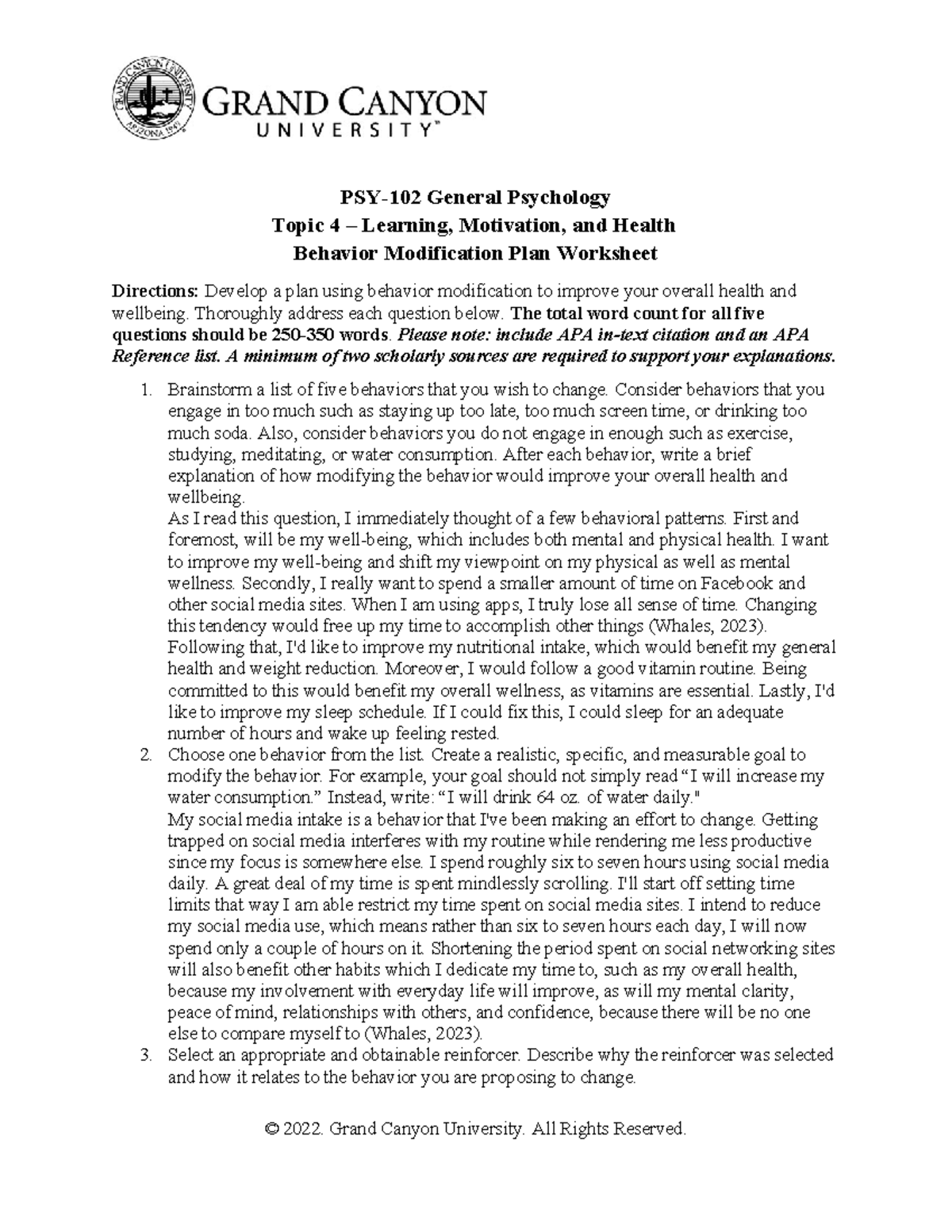 Psy 102 Rs T4 Behavior Modification Plan Psy 102 General Psychology