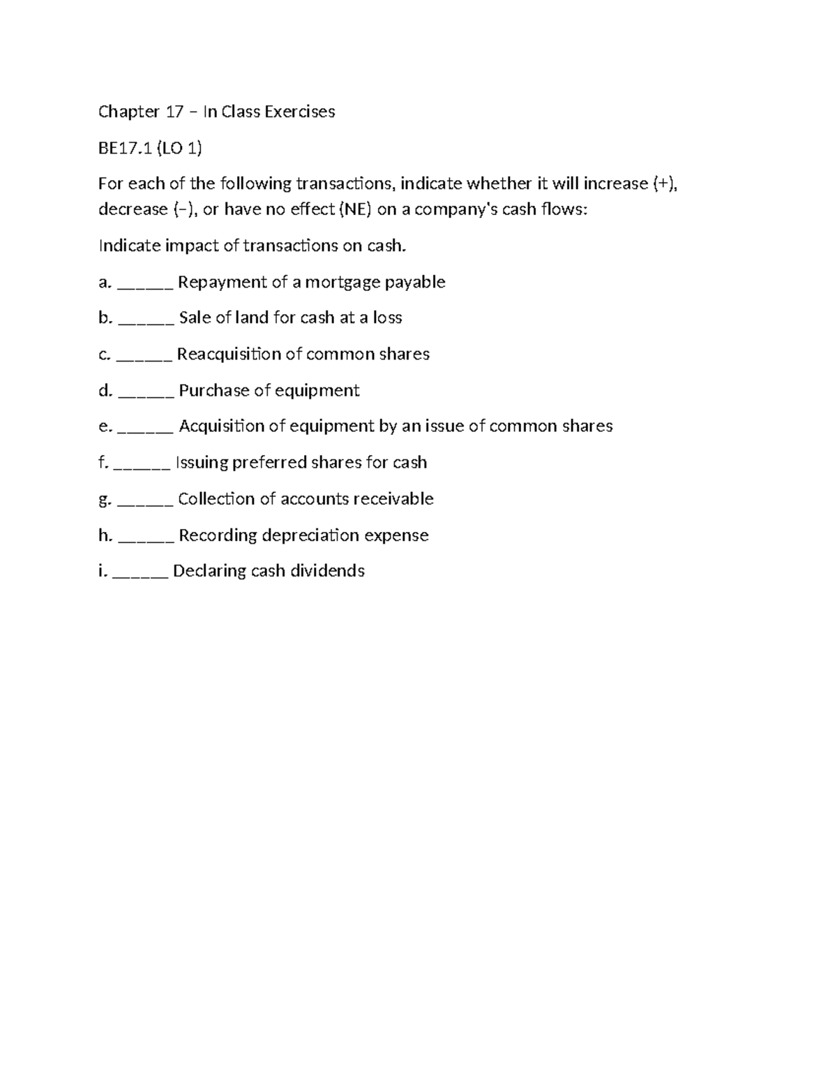 Chapter 17 - Worksheet - useful - Chapter 17 – In Class Exercises BE17 ...