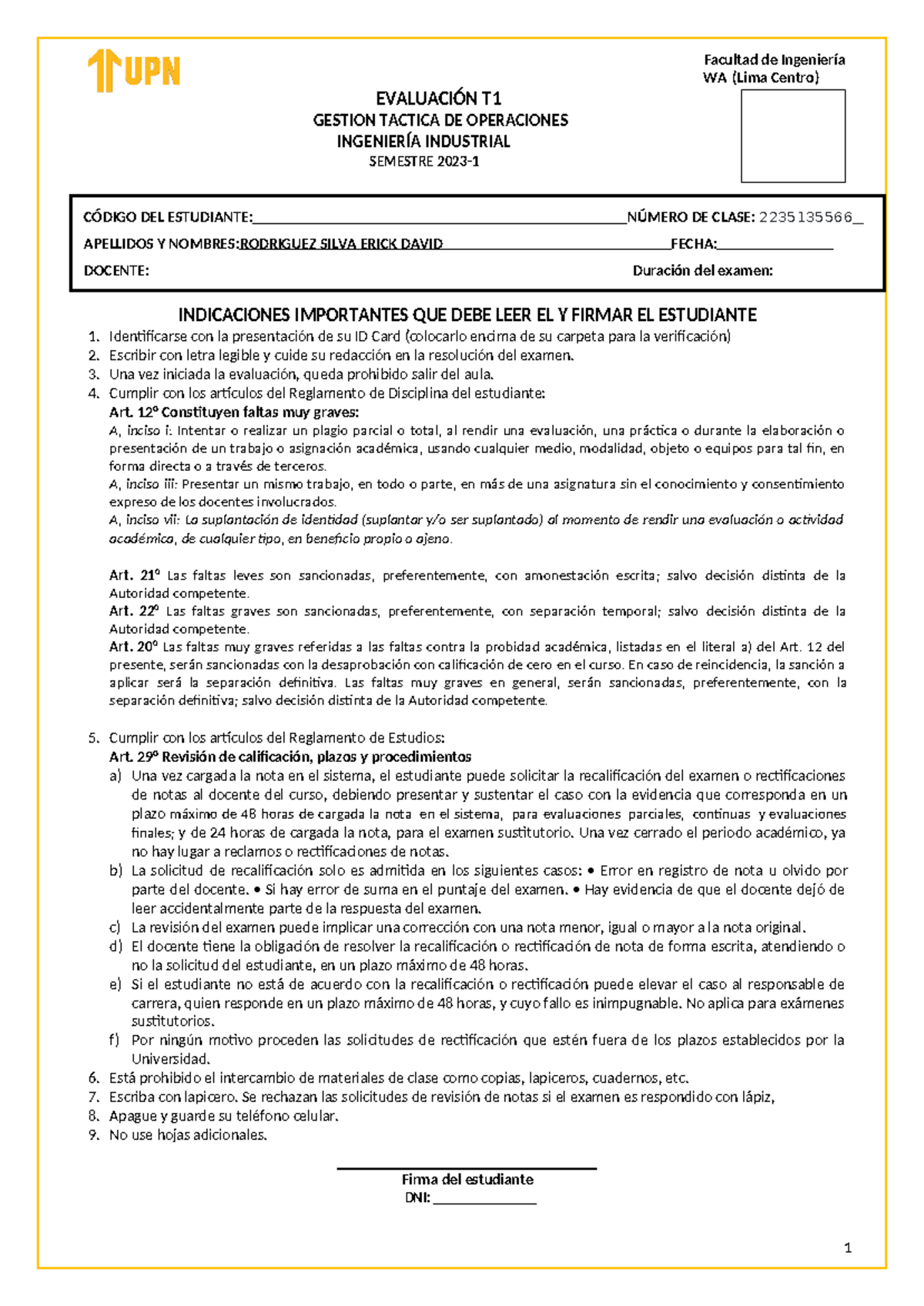 T1 - Gestion Tactica DE Operaciones Rodriguez Silva Erick - WA (Lima Centro) EVALUACIÓN T ...