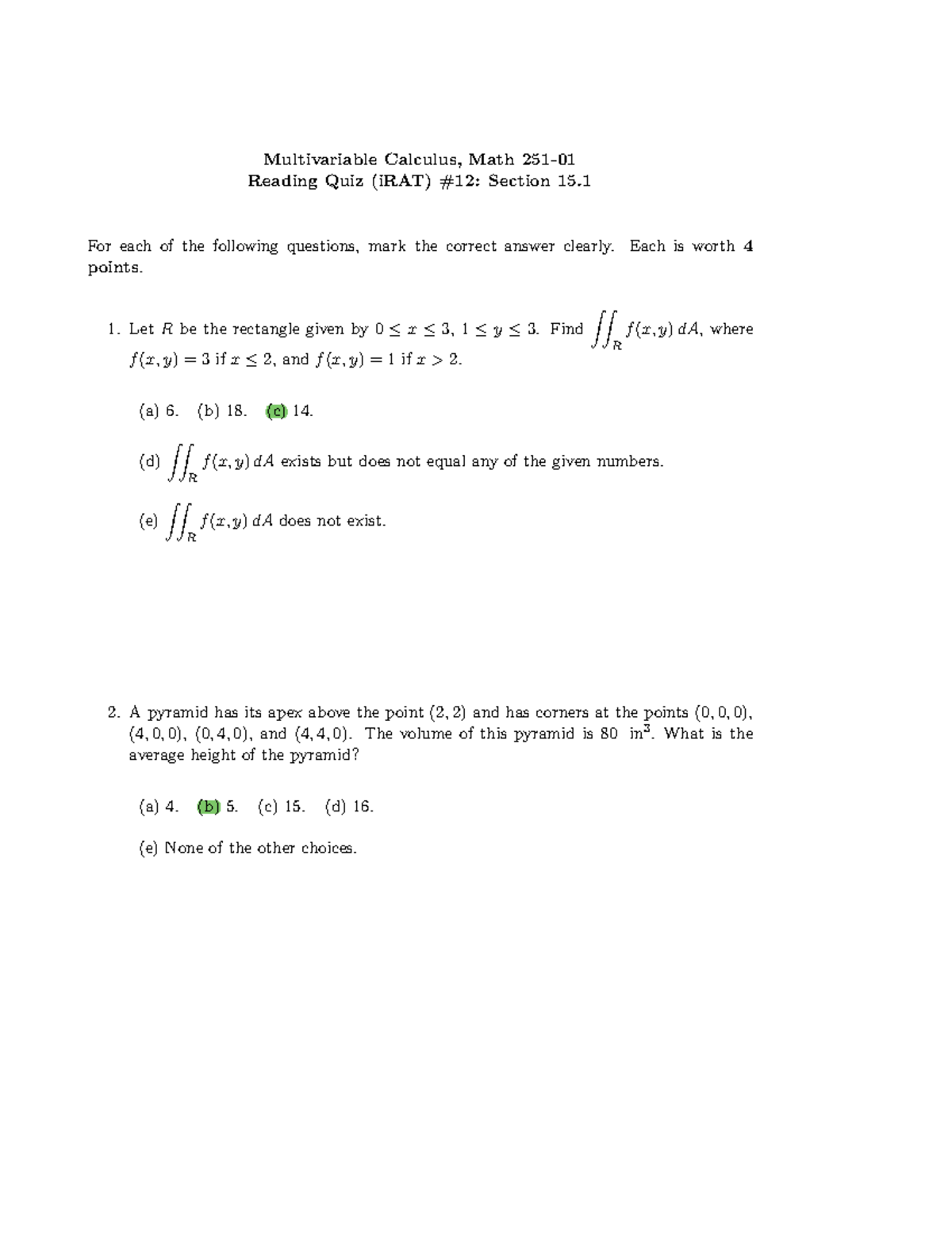 Reading Quiz 15.1 - Multivariable Calculus, Math 251- Reading Quiz ...
