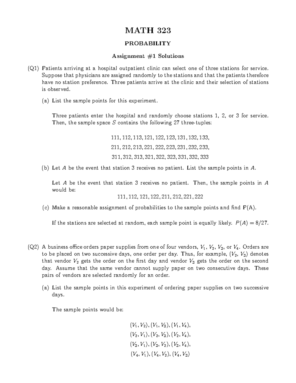 Solution Assignment 1 - MATH 323 PROBABILITY Assignment #1 Solutions ...