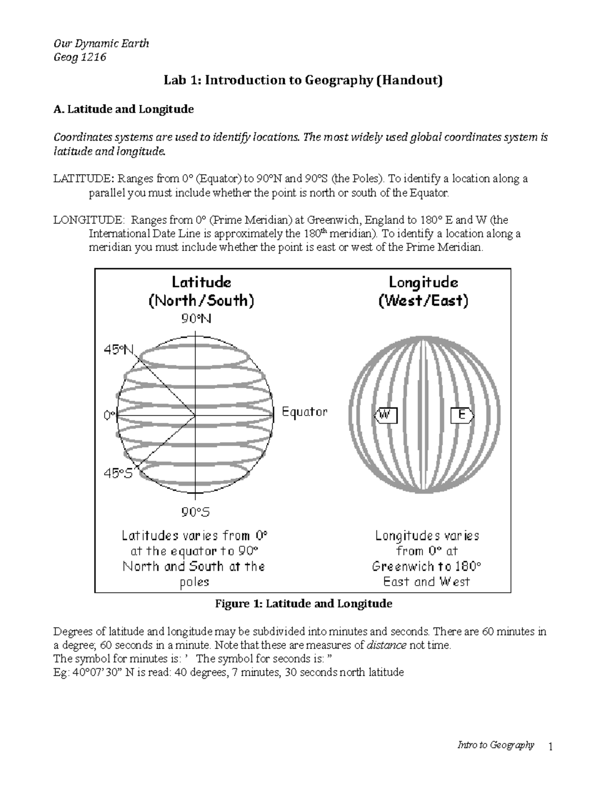 Lab 1, latitude and longitude, handout - Our Dynamic Earth Geog 1216 Lab 1: Introduction to ...