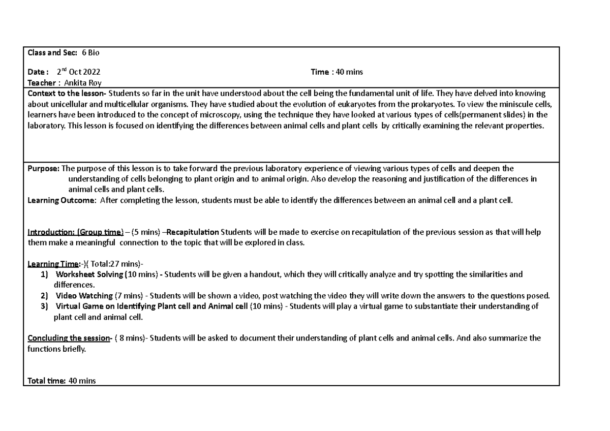 Senior school 6 B Bio Structured Lesson plan observation template ...
