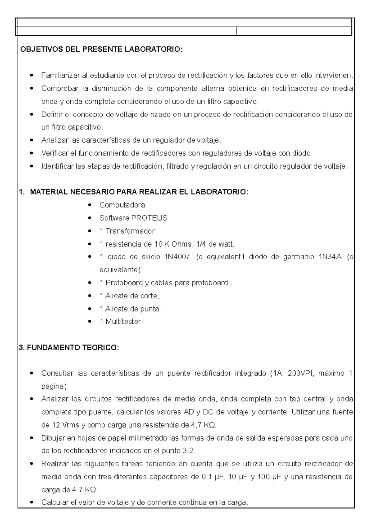 Onda completa - labo - OBJETIVOS DEL PRESENTE LABORATORIO: Familiarizar al estudiante con el ...
