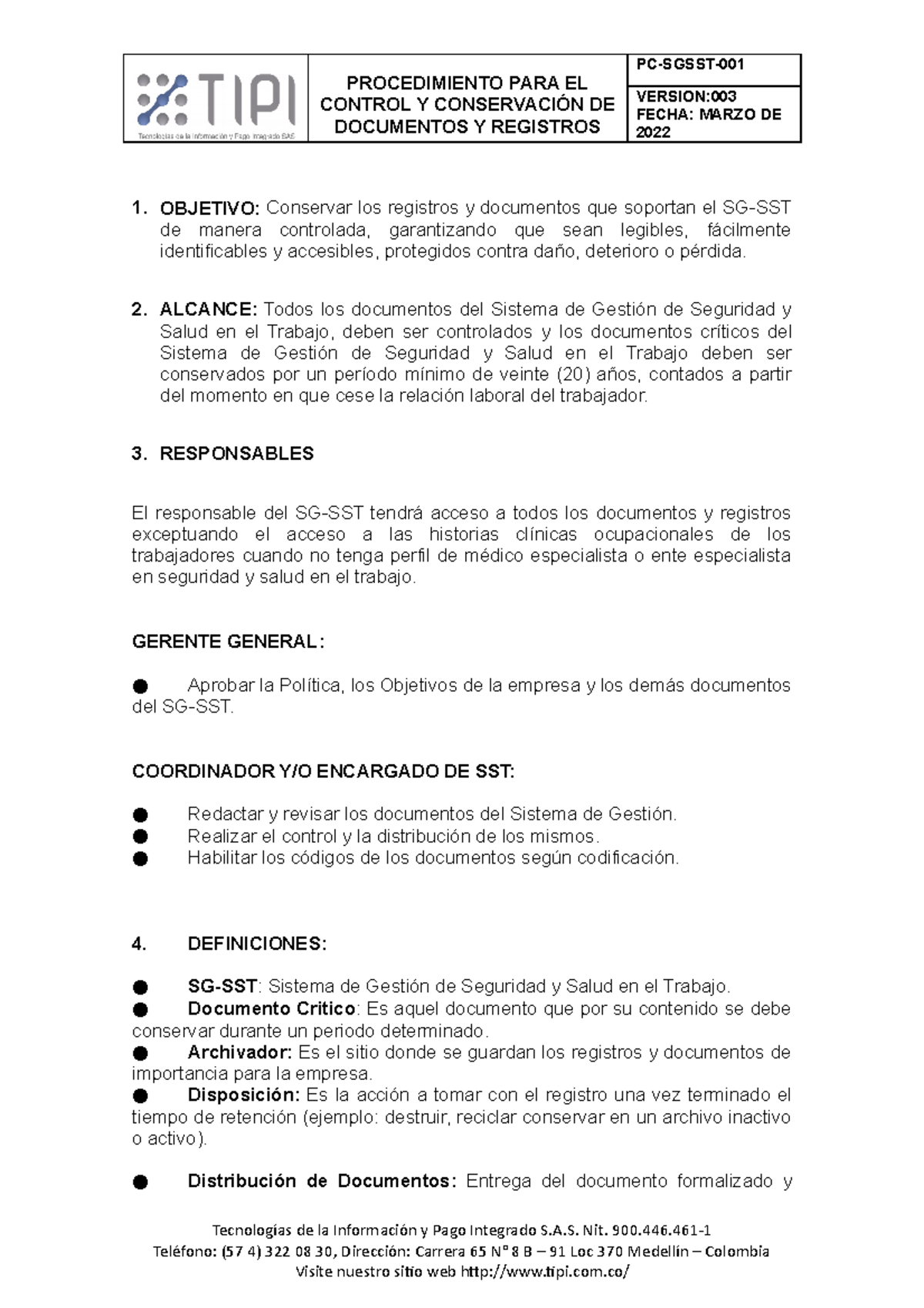 PC- Sgsst-001 Procedimiento DE Control Documental - PROCEDIMIENTO PARA EL CONTROL Y CONSERVACIÓN ...
