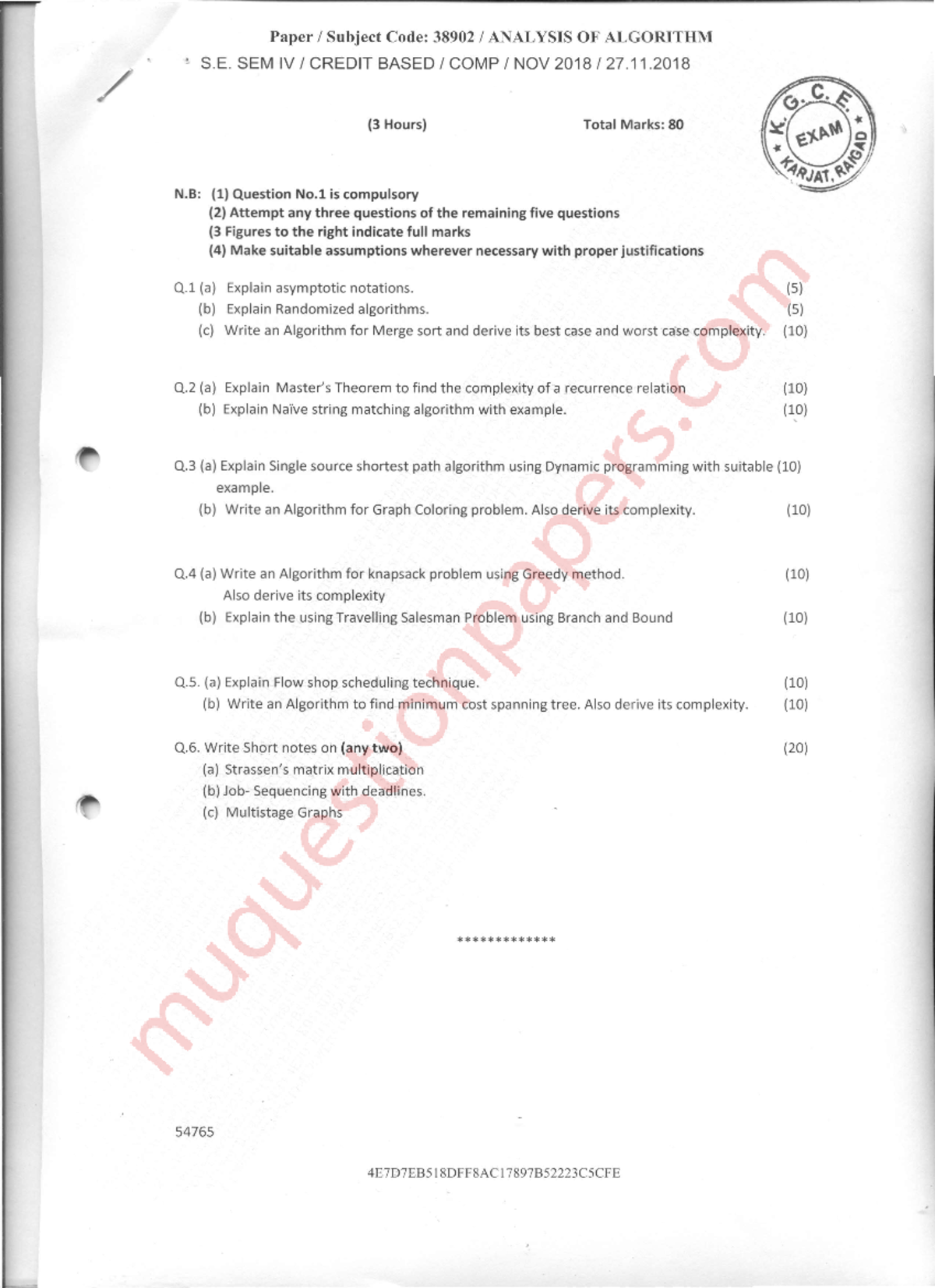 Se Comps Sem4 Aoa Dec18 Paper Subject Code 38902 Analysis Of Algorithm S Sem Iv Credit Based