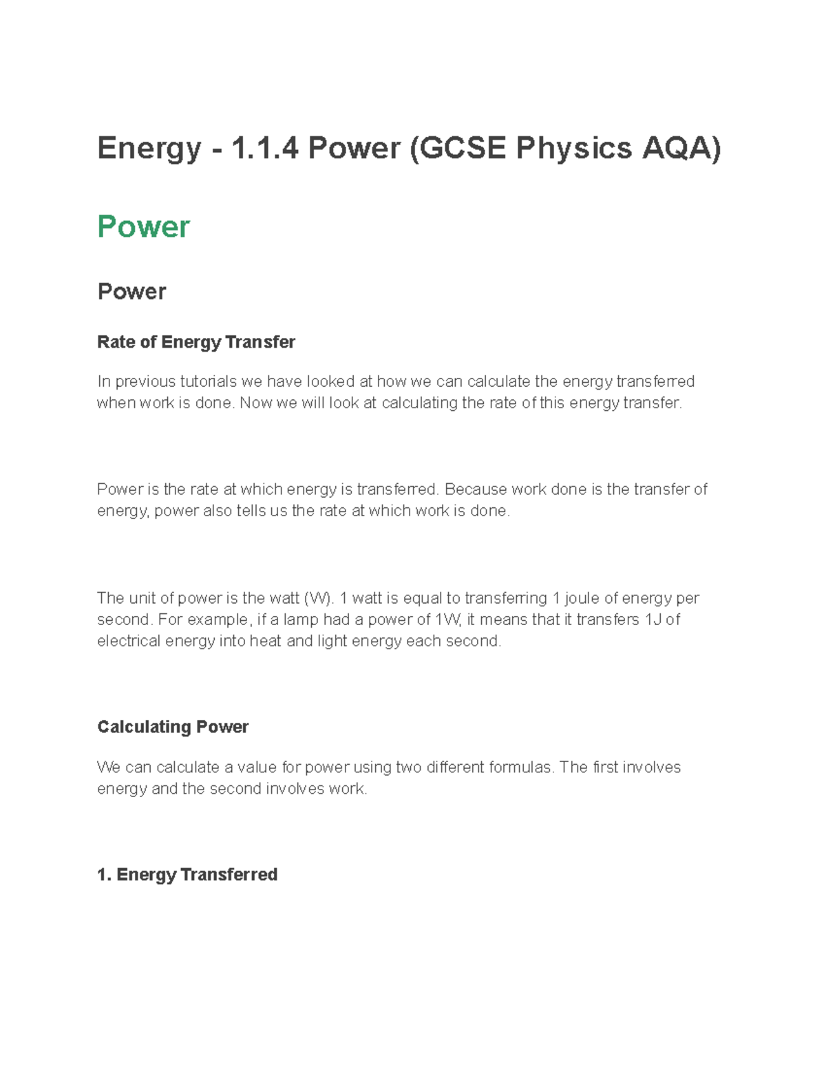 Energy - 1.1.4 Power (GCSE Physics AQA) - Energy - 1.1 Power (GCSE ...