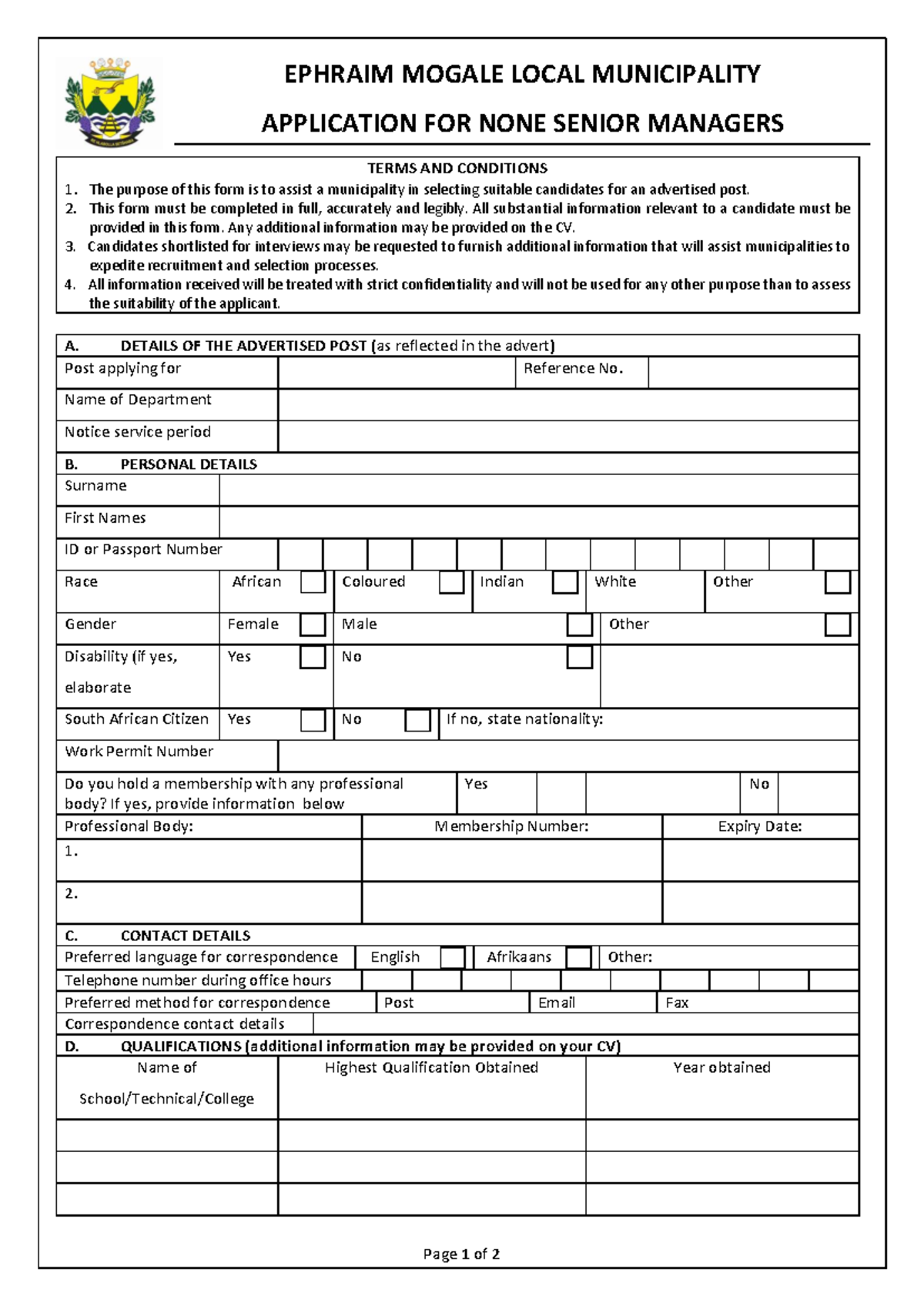 Application form for None Senior Managers - Page 1 of 2 EPHRAIM MOGALE ...