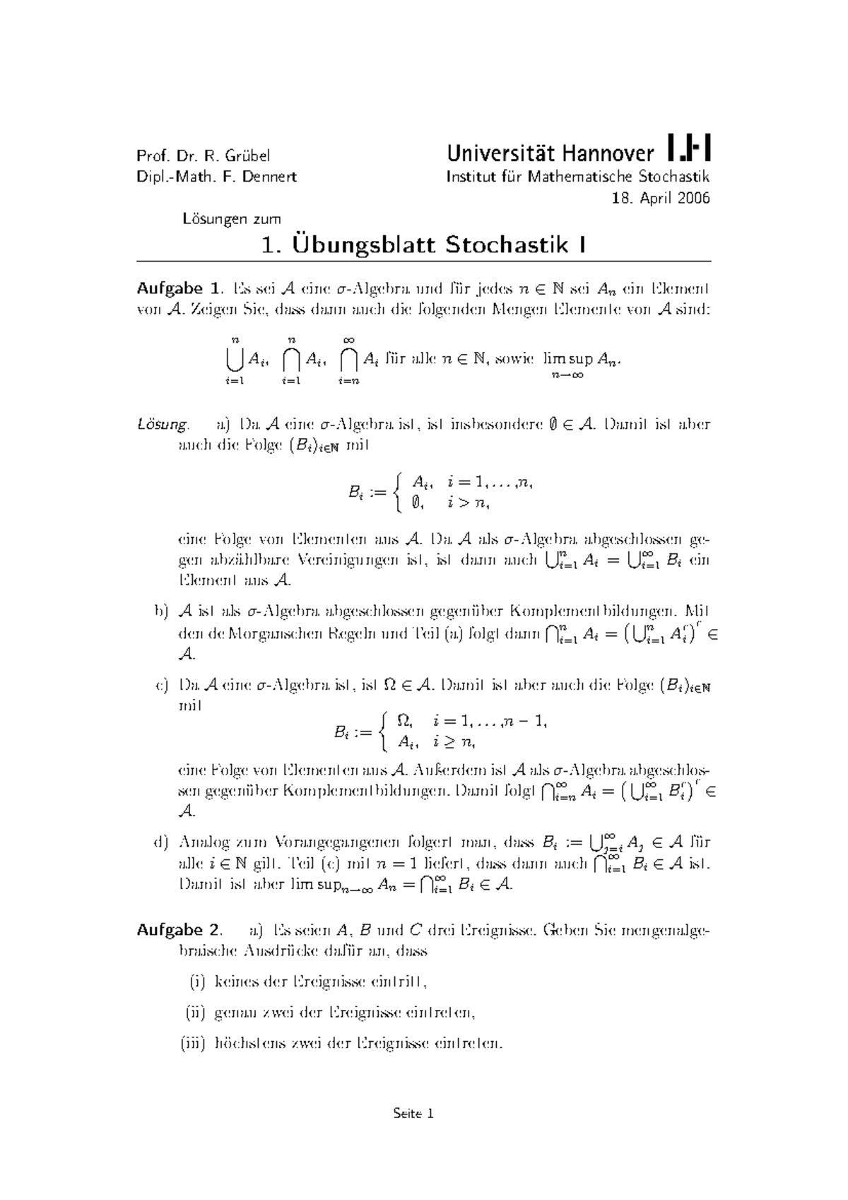 Stochastik I SS06 Loesungen 01-12 +Klausuren - Prof. Dr. R. Grübel Dipl ...