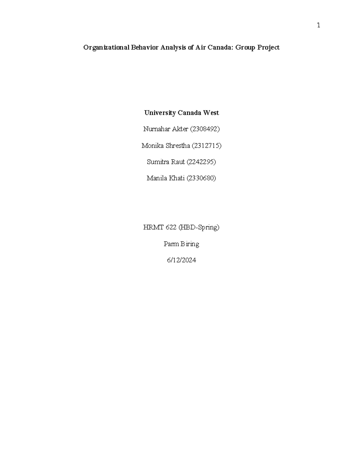 HRMT Group Project Final - Organizational Behavior Analysis of Air Canada: Group Project ...