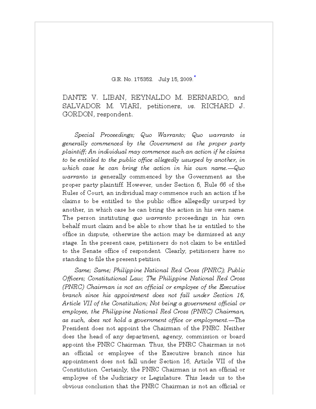 Dante V. Liban, Reynaldo M. Bernardo vs. Richard J. Gordon, G.R. No ...