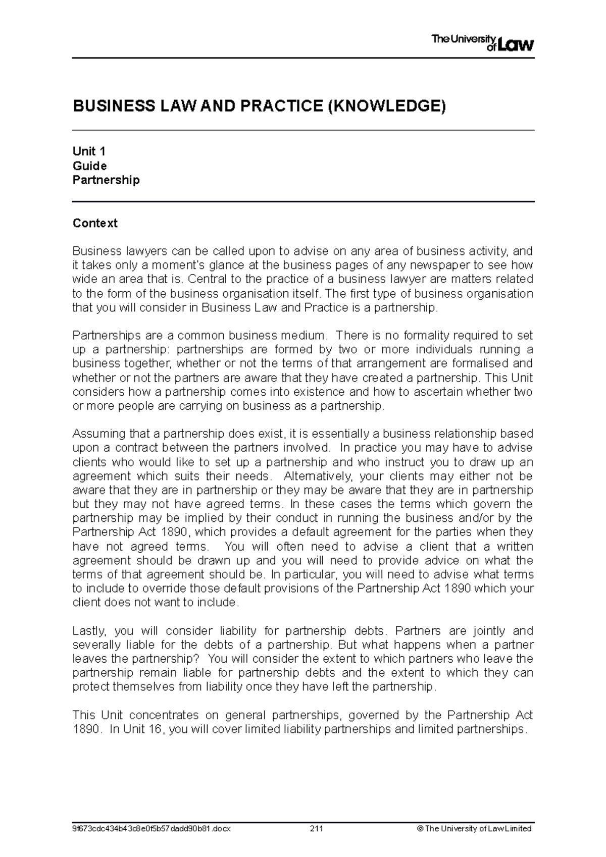 Workshop guide - BUSINESS LAW AND PRACTICE (KNOWLEDGE) Unit 1 Guide ...