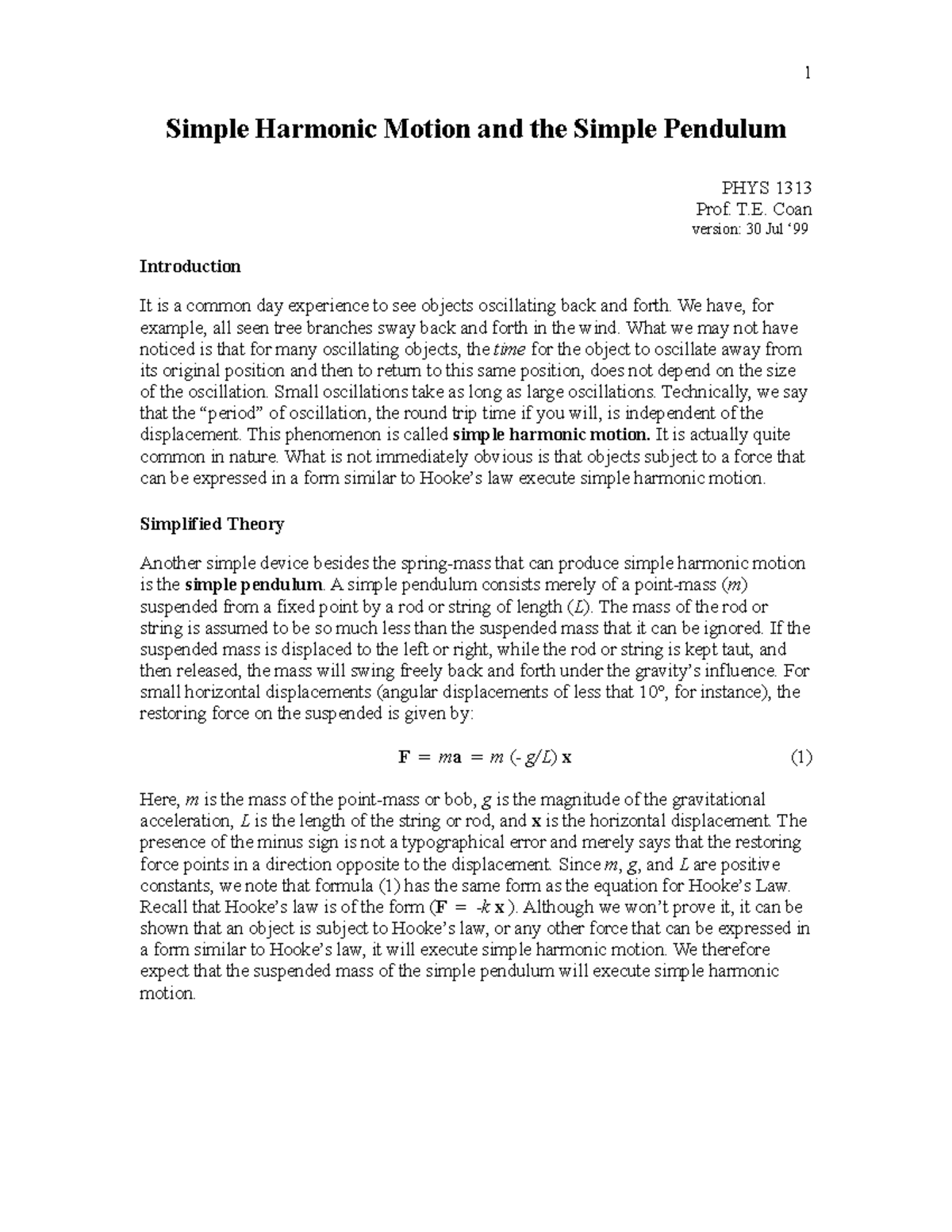 Pendulum - Lecture notes 1 - 1 Simple Harmonic Motion and the Simple ...