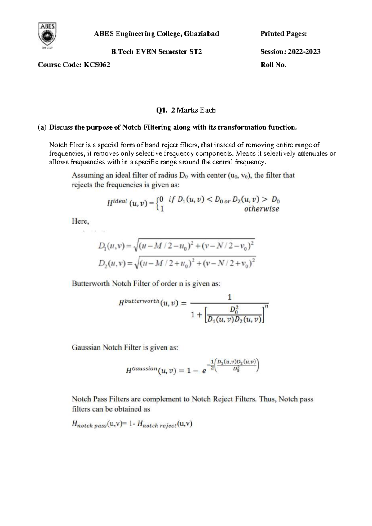 Sol 2 - ABES Engineering College, Ghaziabad Printed Pages: B EVEN Semester ST2 Session: 2022 ...