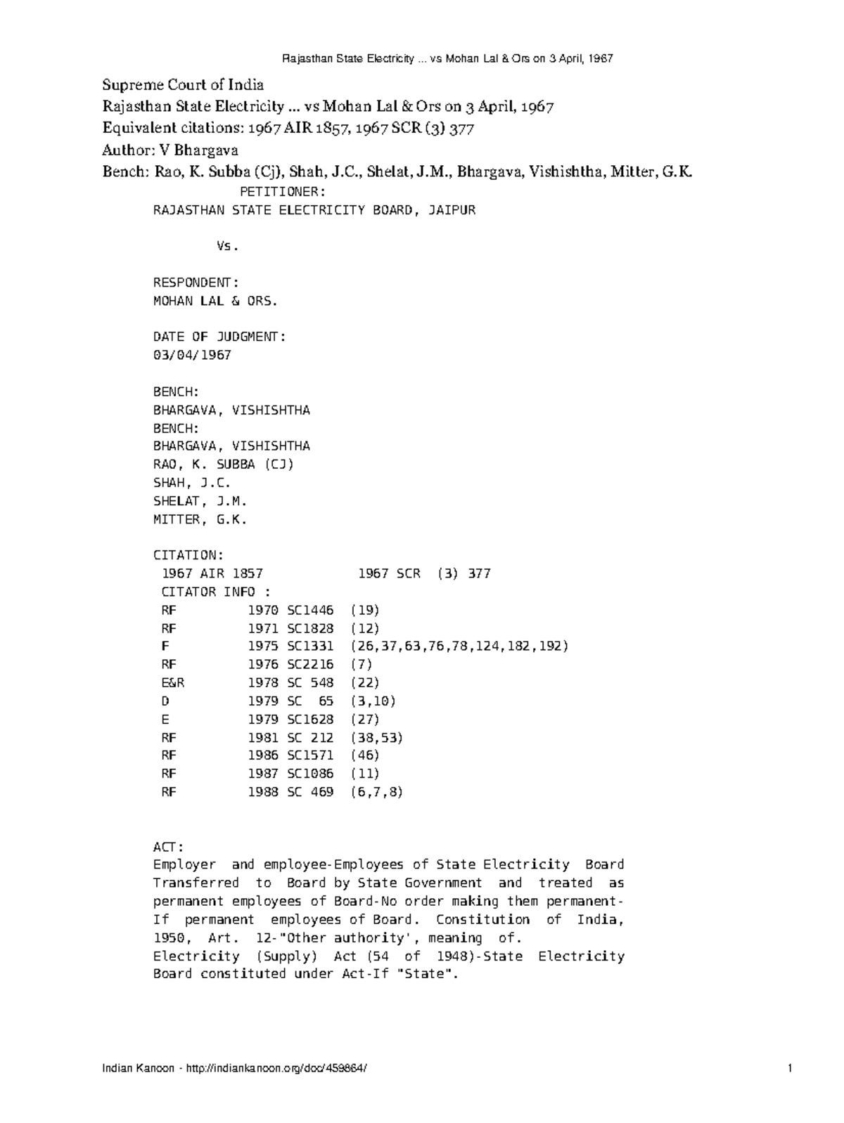 RSEB V UOI Edited - CASE RSEB V UOI - Supreme Court of India Rajasthan ...