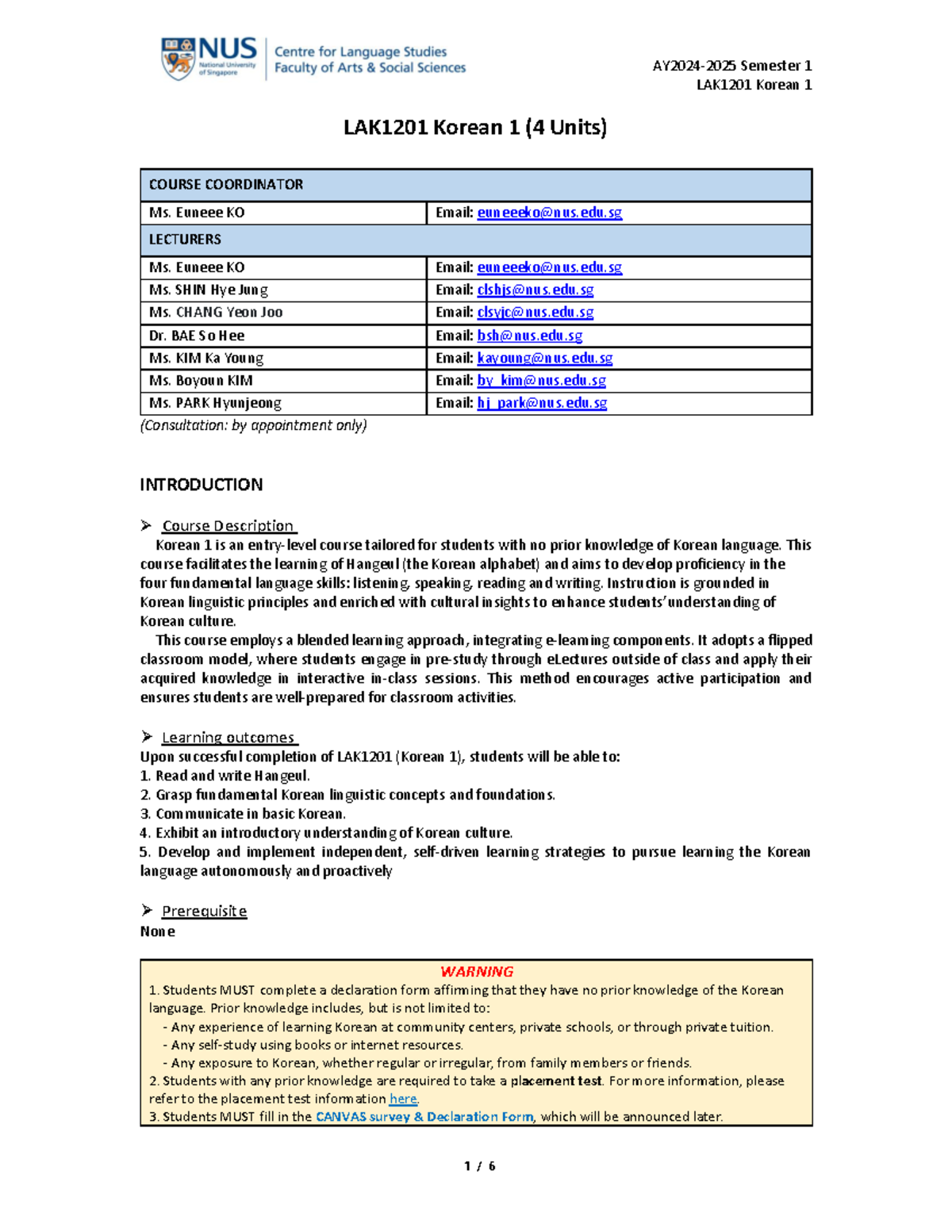 AY2425 SEM1 LAK1201 Schedule AND Module Information-5 - LAK 1 201 Korean 1 LAK 1 201 Korean 1 (4 ...