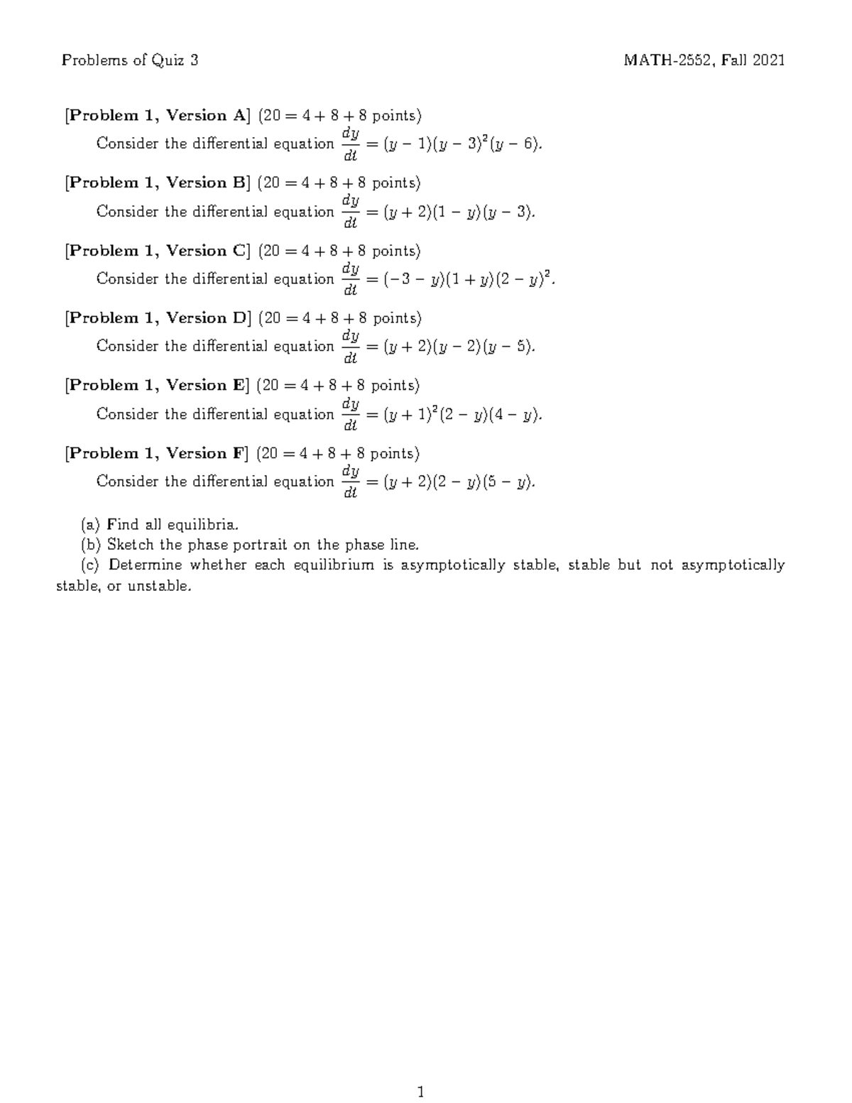 Quiz 3 practice - Problems of Quiz 3 MATH-2552, Fall 2021 [Problem 1 ...
