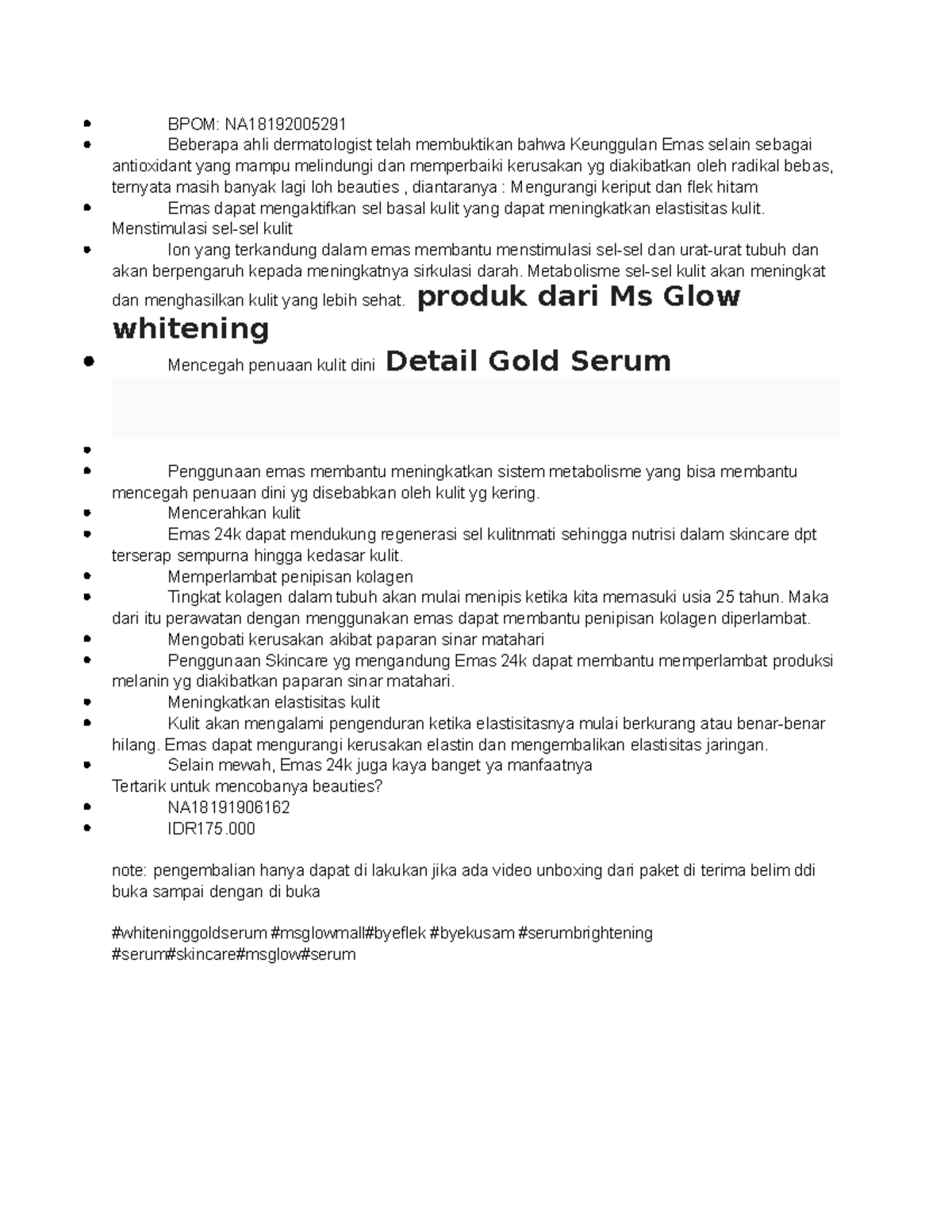 Detail produk dari Ms Glow whitening Gold Serum - BPOM: NA Beberapa ...