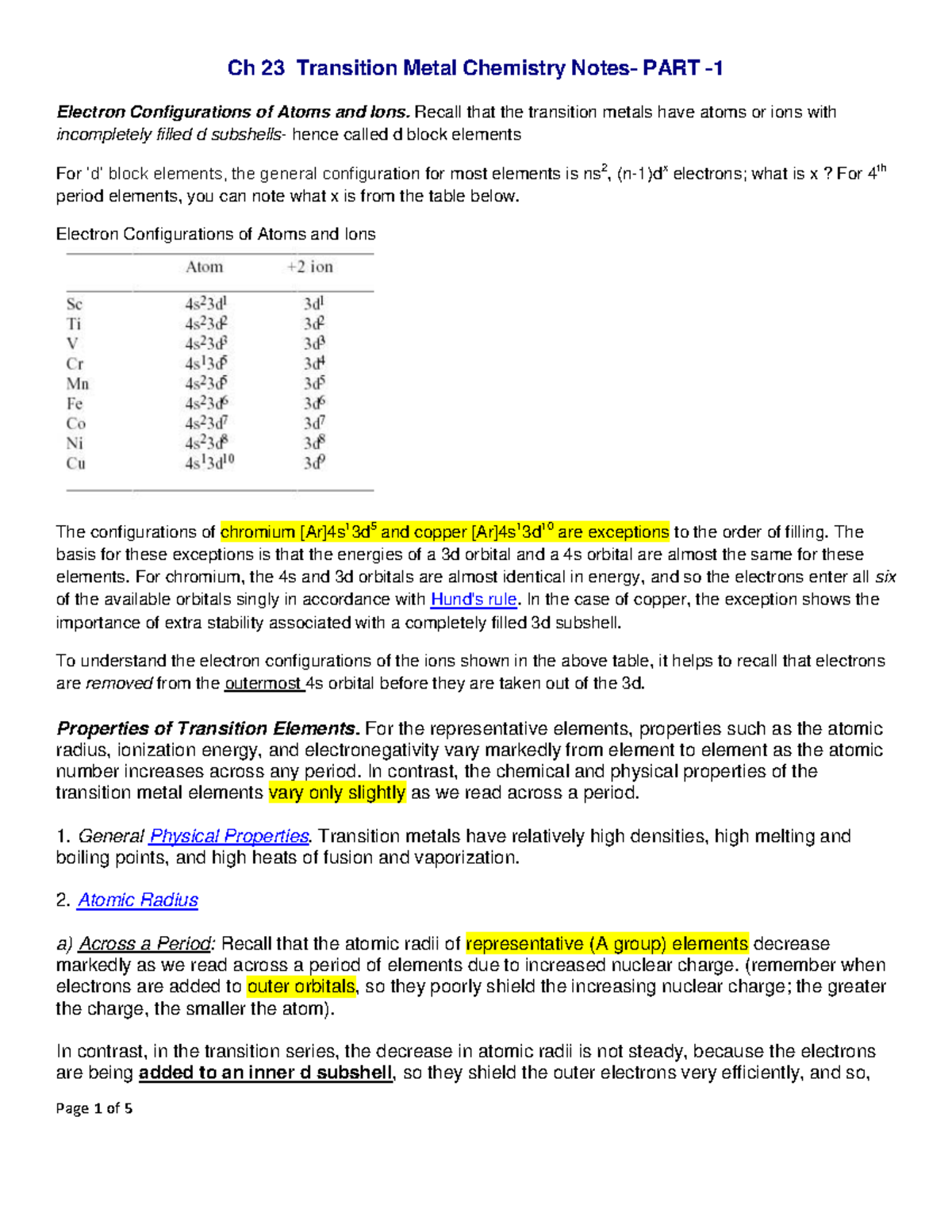 Transition Metal Chemistry part 1 - Ch 23 Transition Metal Chemistry ...