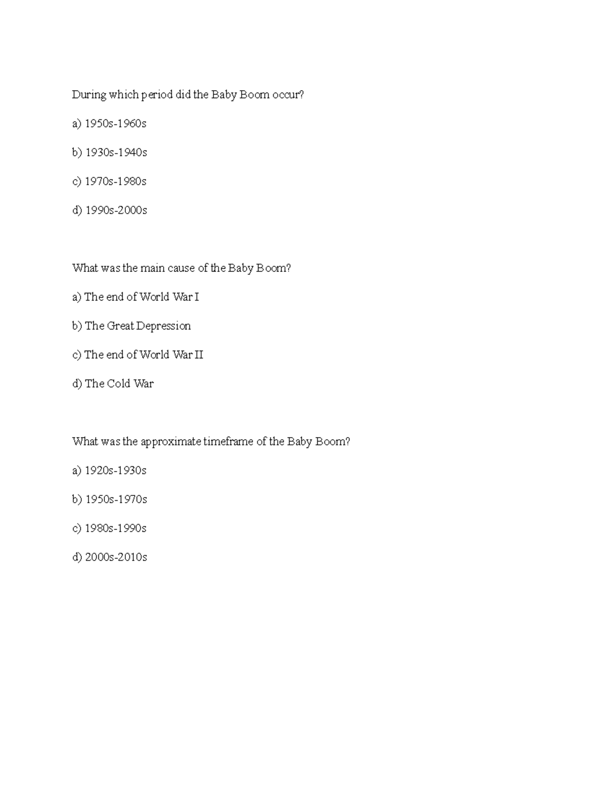 Baby Boom Practice Quiz - During which period did the Baby Boom occur ...