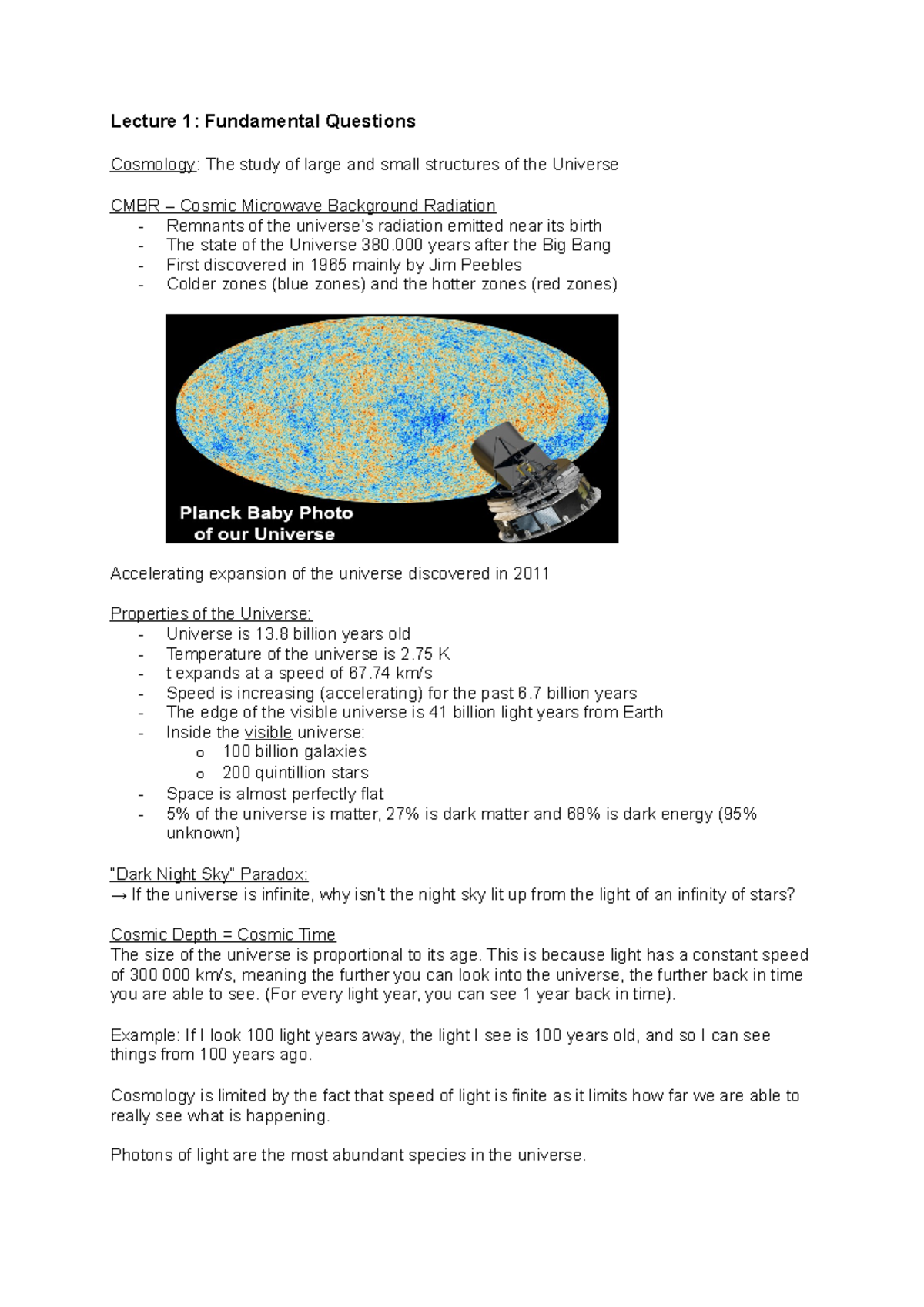 Cosmic Origins summary for all lectures - Lecture 1: Fundamental ...