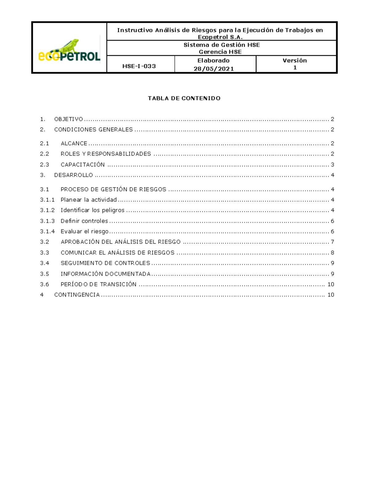 HSE-I-033- Analisis DE Riesgo V1.0 - Ecopetrol S. Sistema de Gestión ...