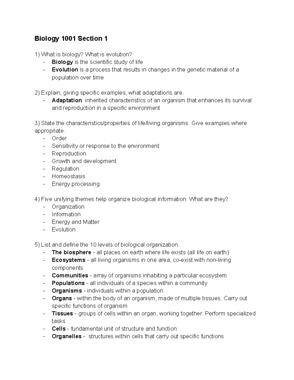 Biology 1001 Midterm Review - Biology 1001 Section 1 What is biology ...