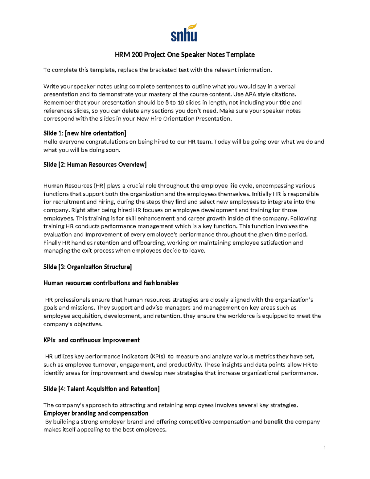 HRM 200 Project One Speaker Notes Final W ref - HRM 200 Project One ...